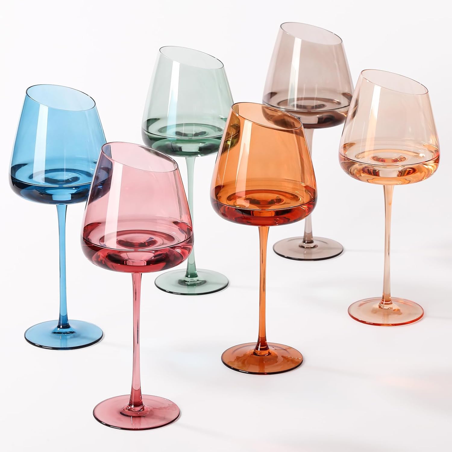 Amazon.com | Slanted Colored Wine Glasses 18 oz (Pack of 6) - Hand ...