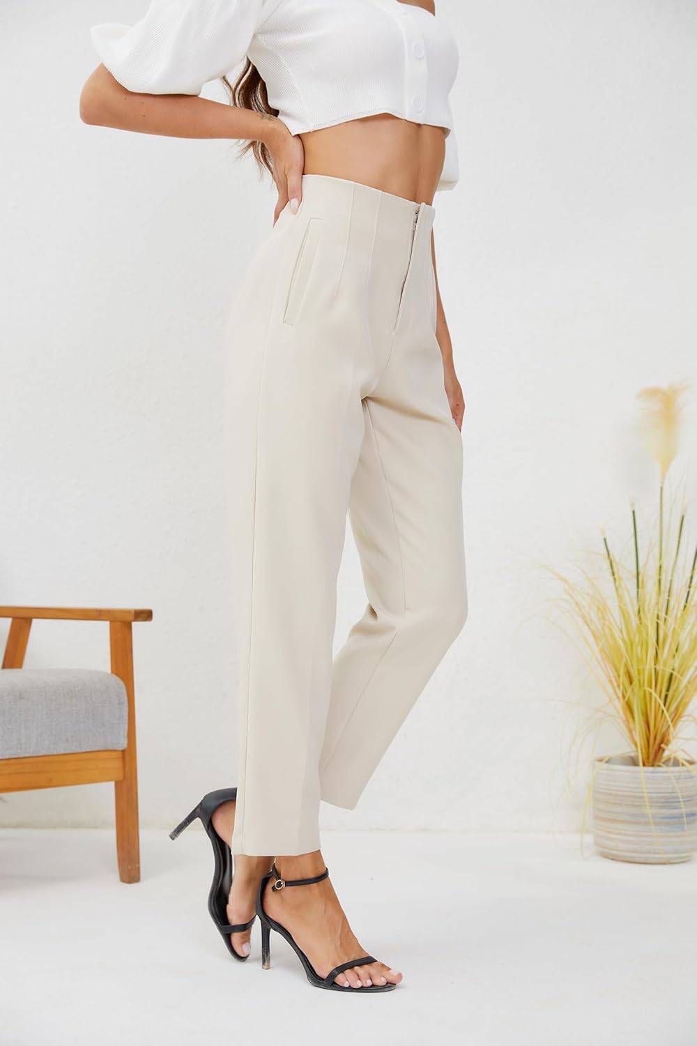 Women's High Waisted Business Trousers Straight Leg Pleated Office ...