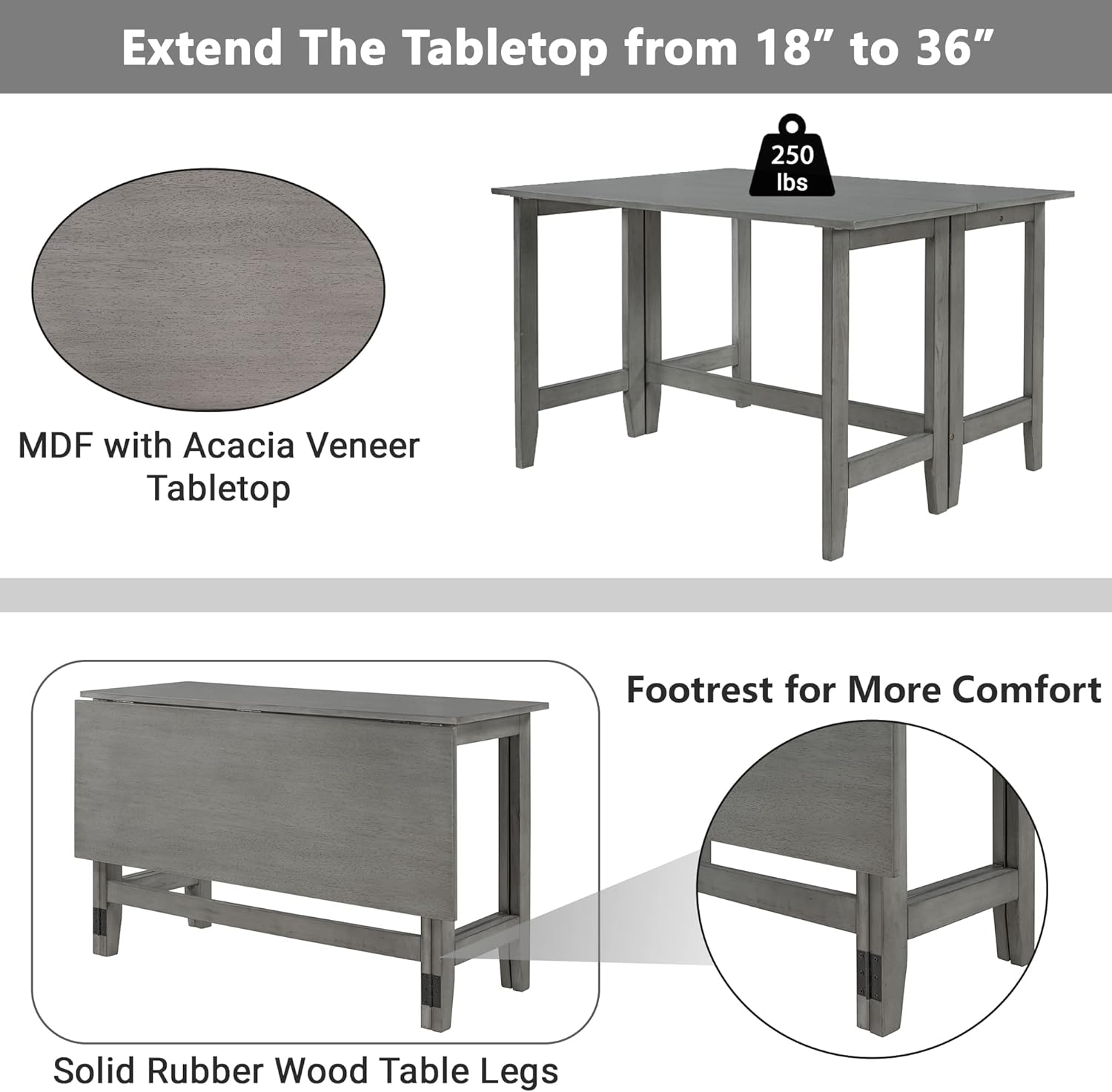Juego de mesa de comedor extensible rústica de 5 piezas con hoja de ...