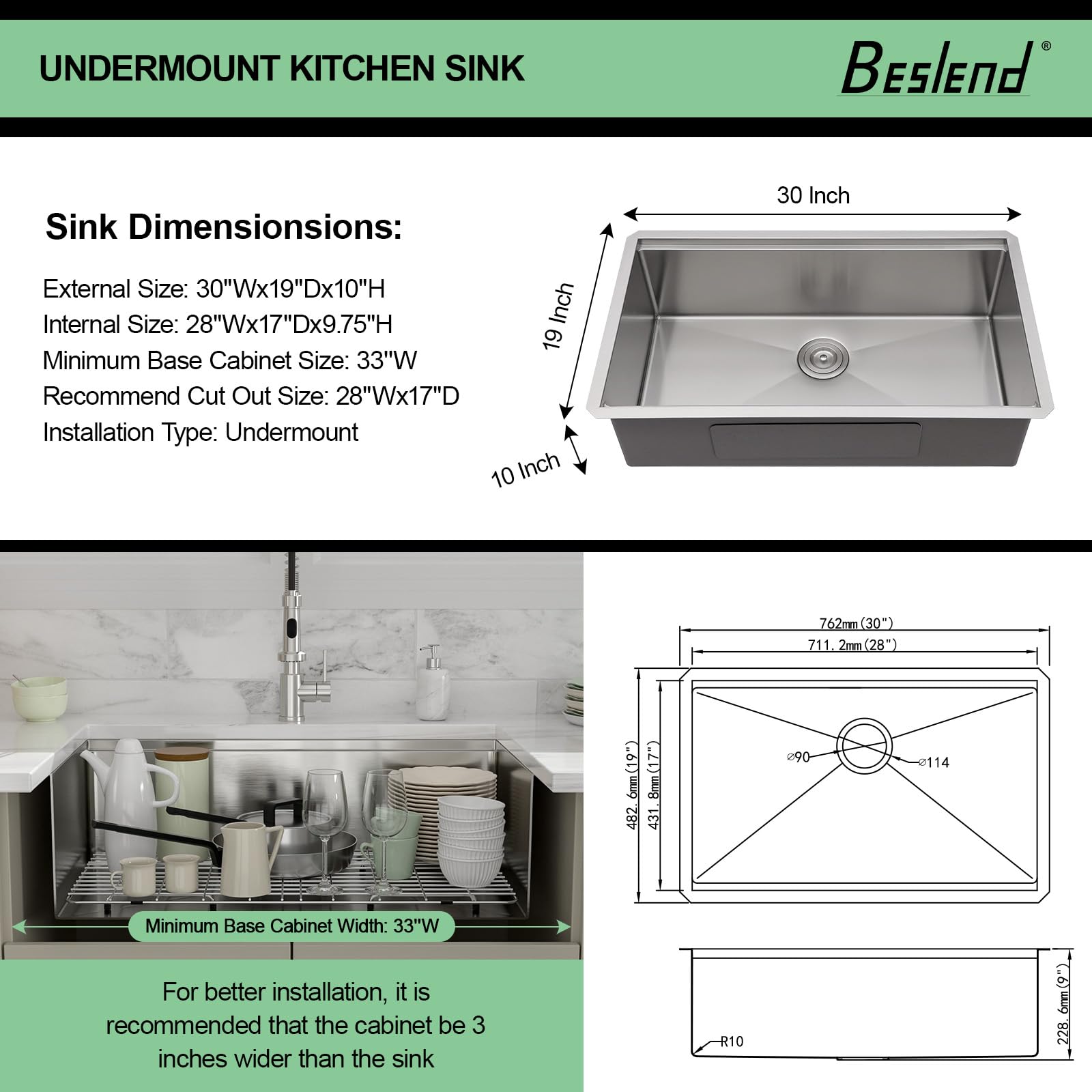 30 Undermount Kitchen Sink - Beslend 30x19 Inch Undermount Sink Ledge ...