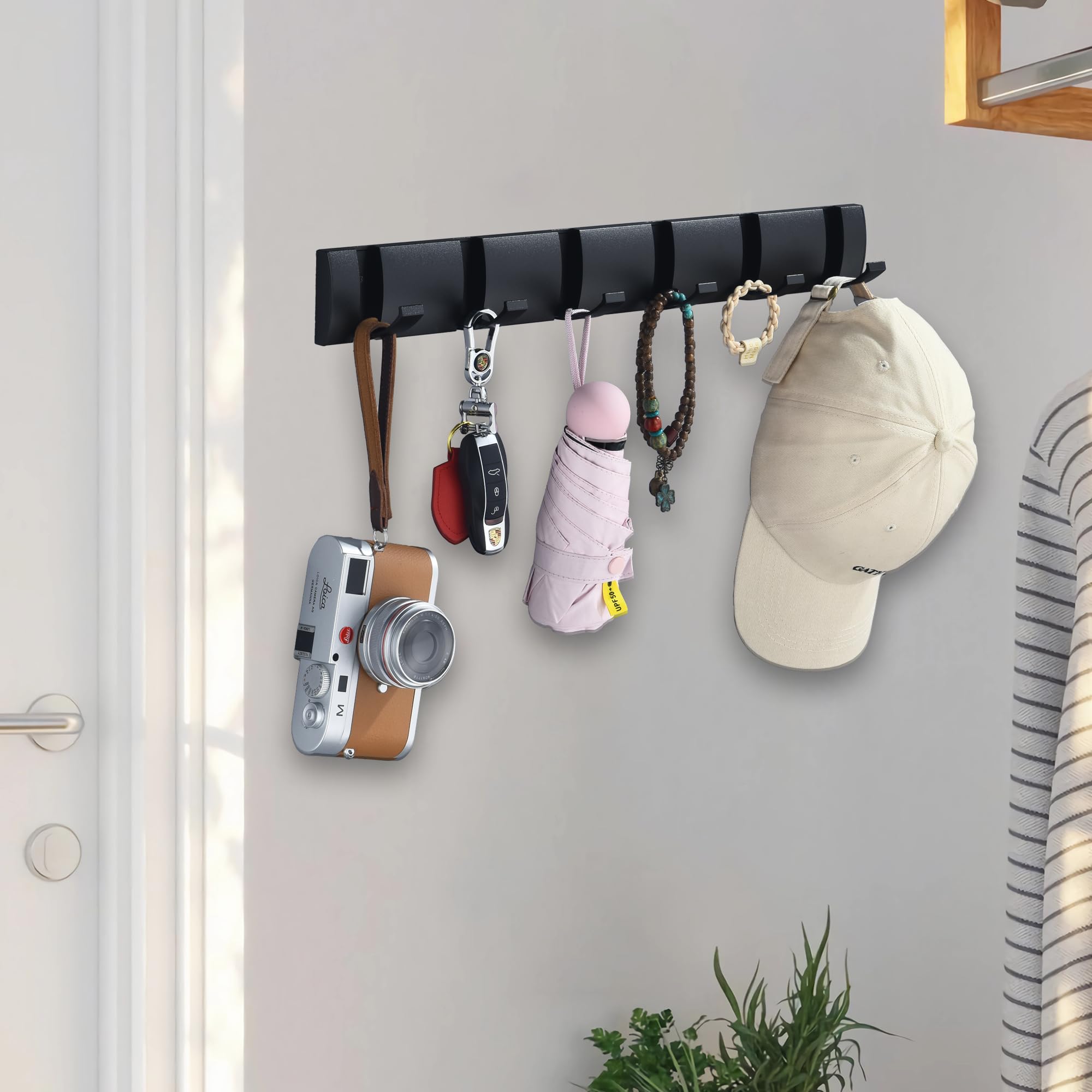 Metal Coat Rack Wall Mount, Black Coat Rail with 6 Retractable Hooks ...