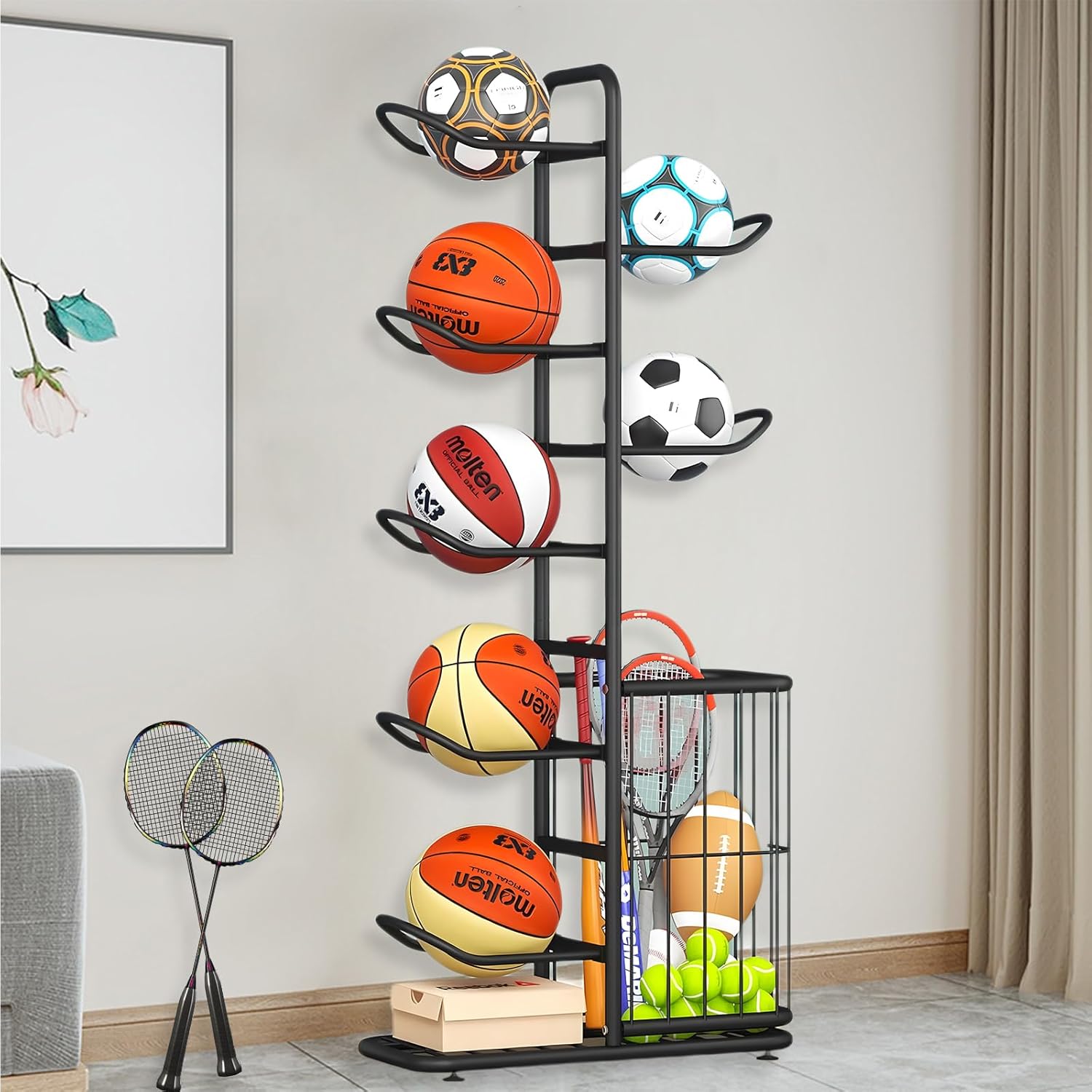 7 Tier Basketball Ball Storage Rack, Freestanding Football Stand Ball ...
