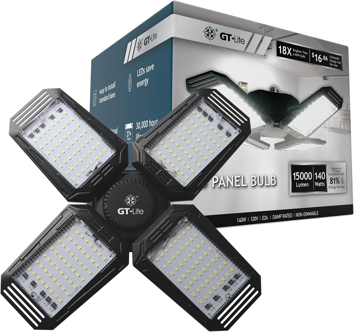 GT-Lite 15,000 Lumen LED Adjustable 4-Panel Bulb, Uses Only 140W ...