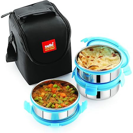 Buy Cello Max Fresh Click 3 Plus Stainless Steel Lunch Box Set, 475ml ...