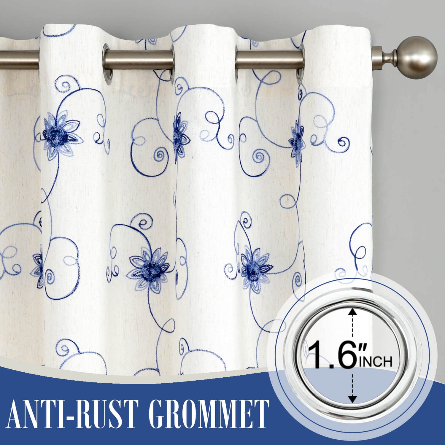 VOGOL Elegant Floral Curtains, Blue Flower and Vines Embroidered ...