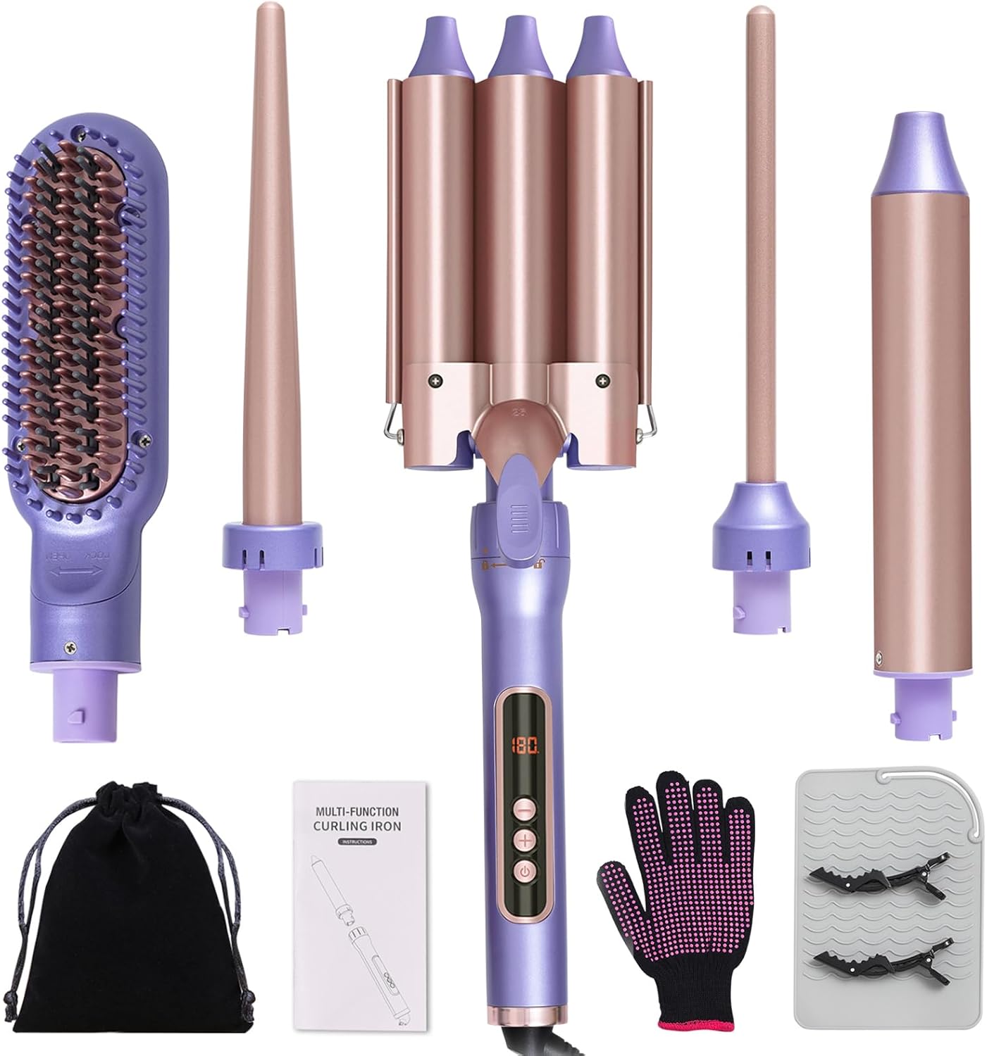 Hair Straighteners Curler Set, Triple Curling Iron with Interchangeable ...