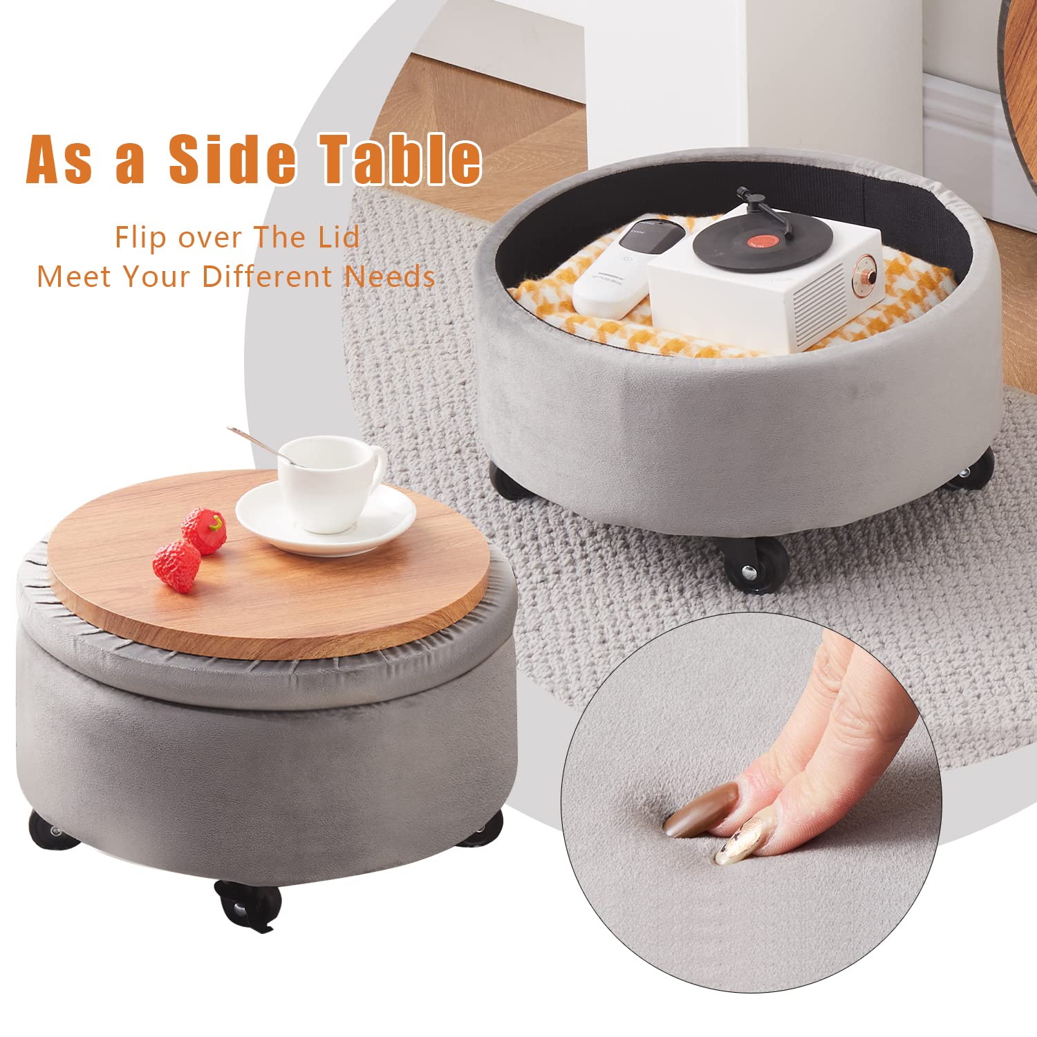 Mxfurhawa Velvet Storage Ottoman Round Wheel Stool Rolling Ottoman with ...