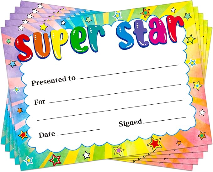 Fsaoor 30PCS Super Star Awards Certificate for Kids Watercolor Star ...