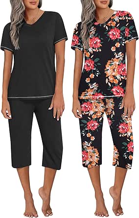 Ekouaer 2 Pack Women's Pajama Sets Short Sleeve Two-Piece Pjs V Neck ...
