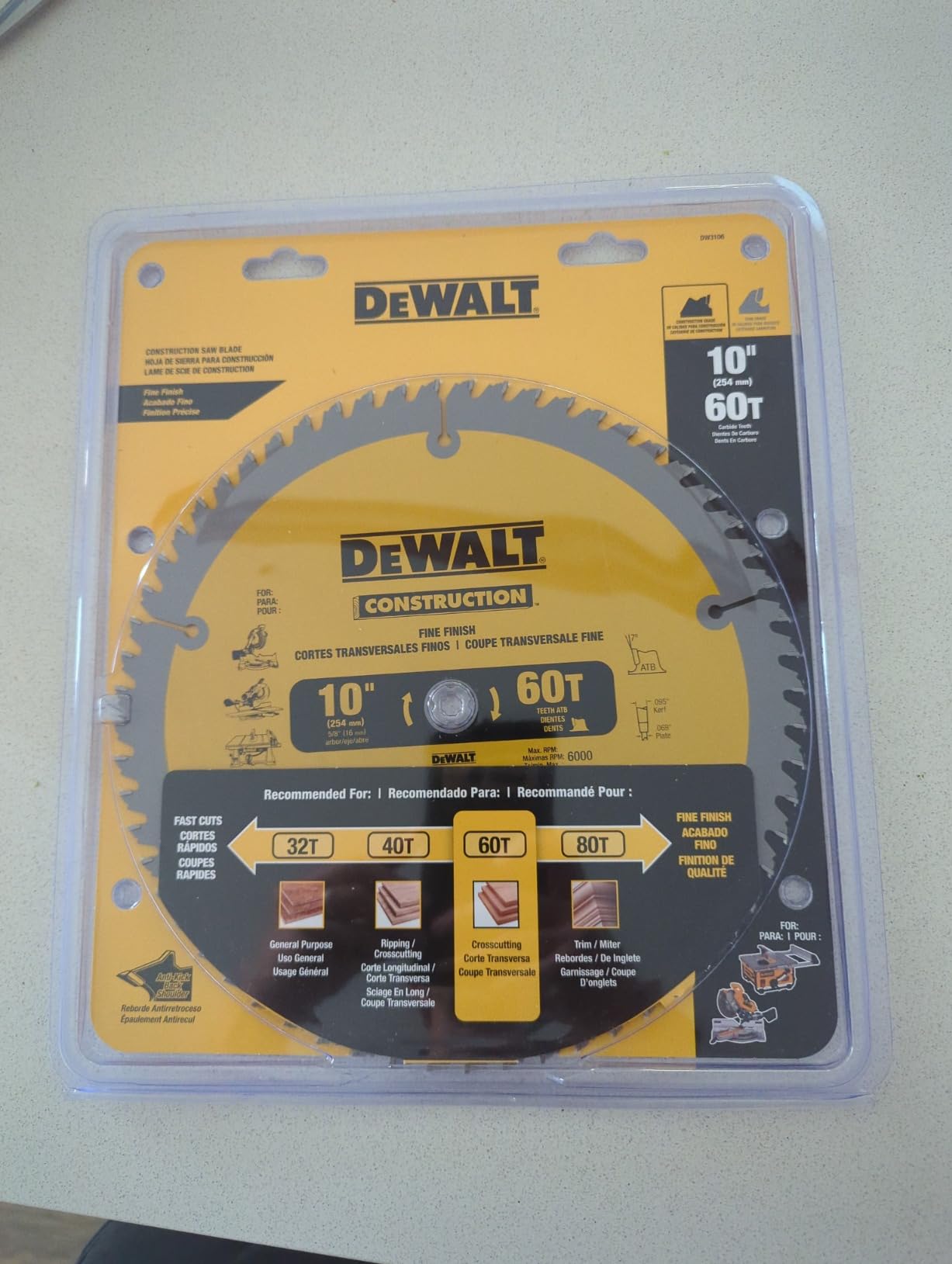 DEWALT 10-Inch Miter/Table Saw Blade, ATB, Thin Kerf, Crosscutting, 5/8 ...