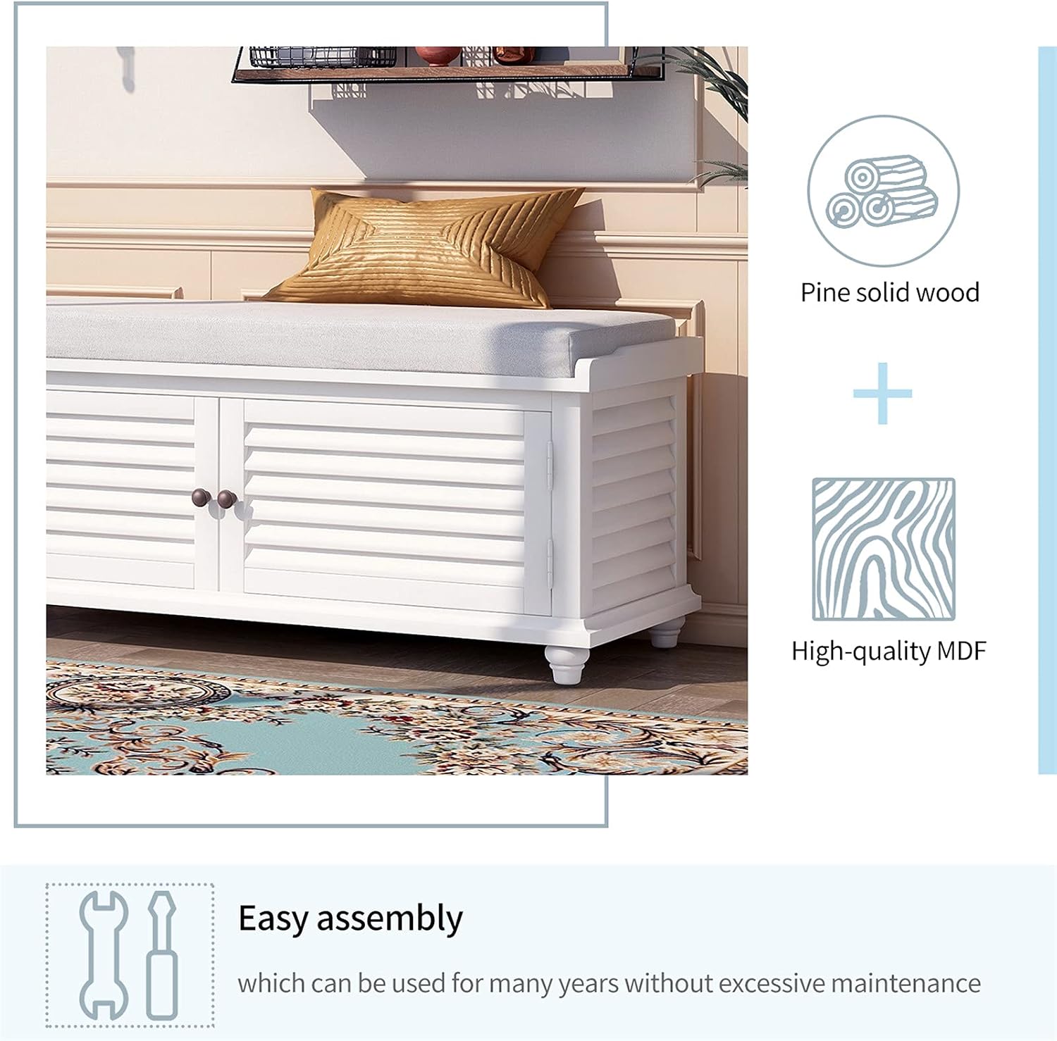 Buy YEAR COLOR Storage Bench with Removable Cushion, Louver Design ...