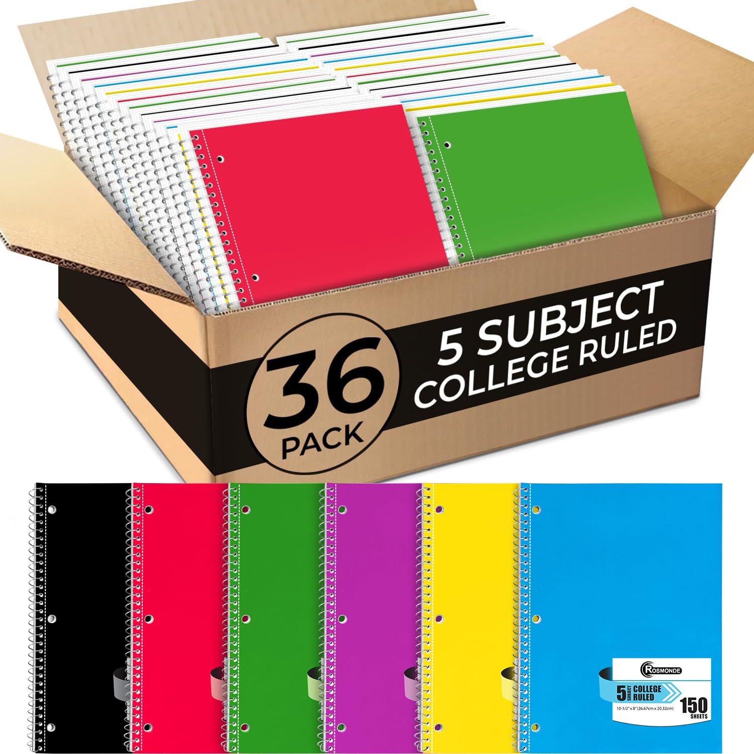 Amazon.com : Rosmonde 36 Pack Spiral Notebook, Bulk 5 Subject Notebooks ...