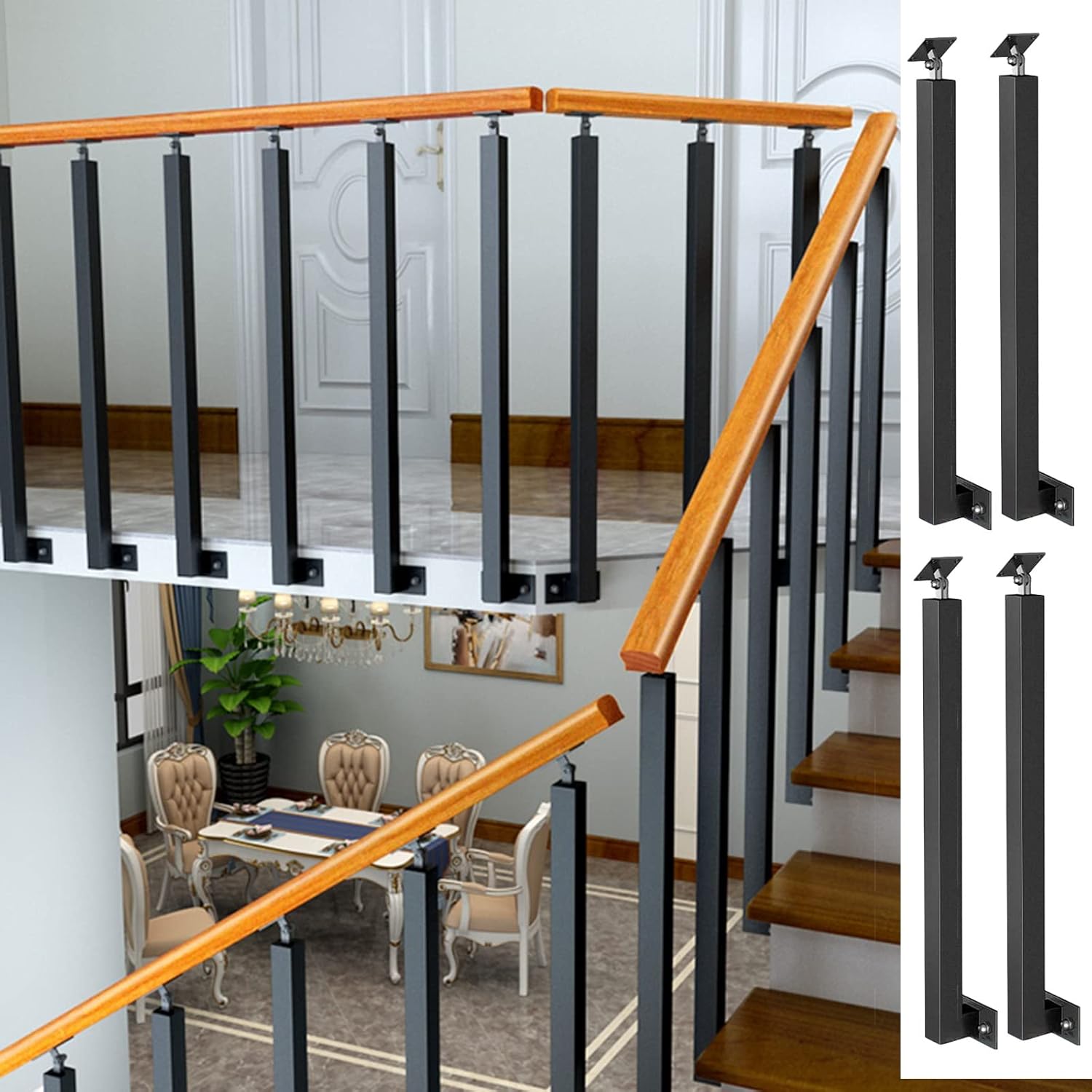 Black Stair Baluster Spindles Post, Metal Square Deck Railing Safety Guardrails for Villa Hotel ...