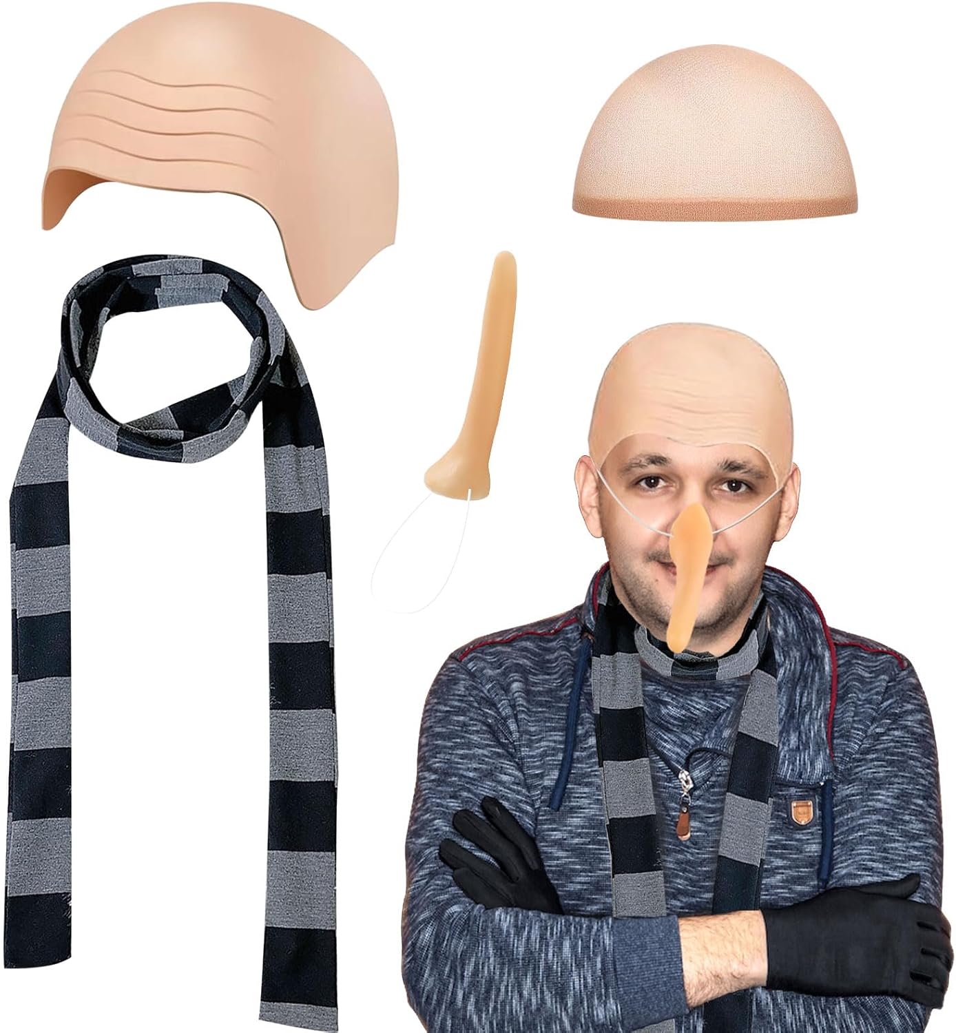4 Pcs Adults Costume Accessories Set with Latex Bald Head Wig Cap Black ...