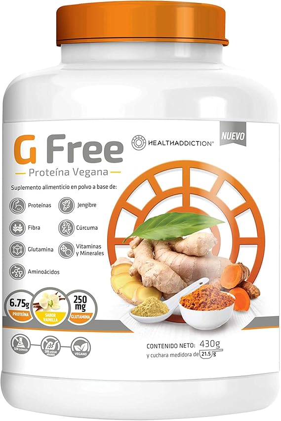 HEALTHADDICTION - G Free Proteína Vegana – Suplemento Alimenticio con Glutamina, Fibra, Cúrcuma ...