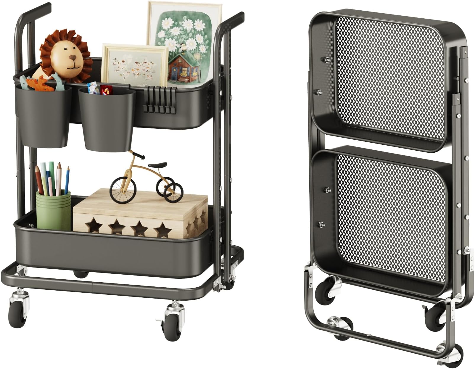 Amazon.com: 2 Tier Plastic Rolling Utility Cart with Wheels,Storage ...