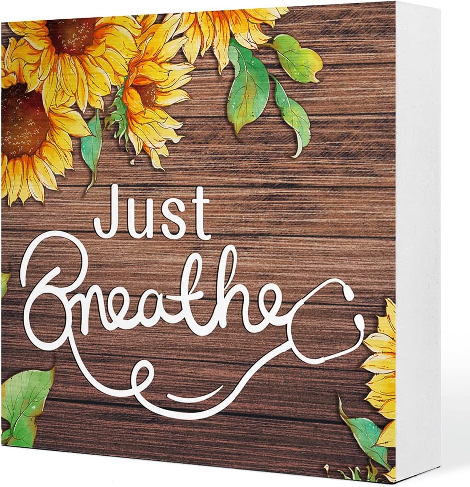 Amazon.com: Just Breathe Farmhouse Rustic Sunflower Wooden Sign Desk ...
