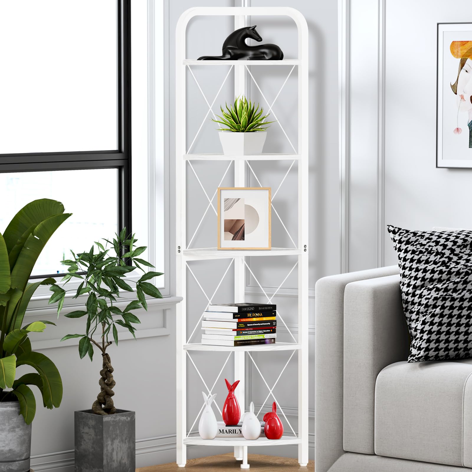 daooap 5 Tier Corner Shelf Stand, Tall Corner Bookshelf Wood and Metal ...