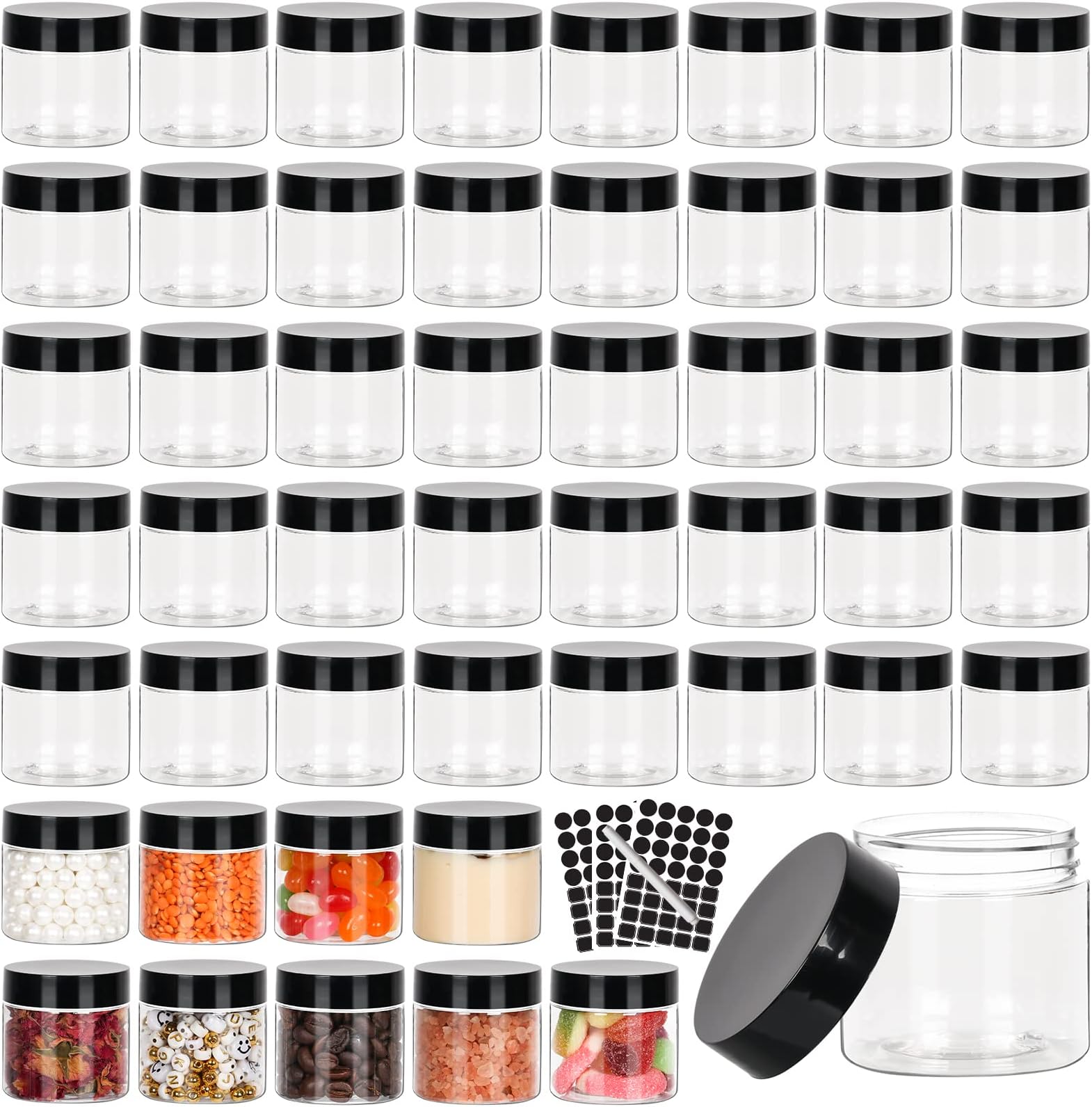 Amazon.com: 50pcs 2 oz Clear Plastic Round Jars with Black Lids, 2oz ...