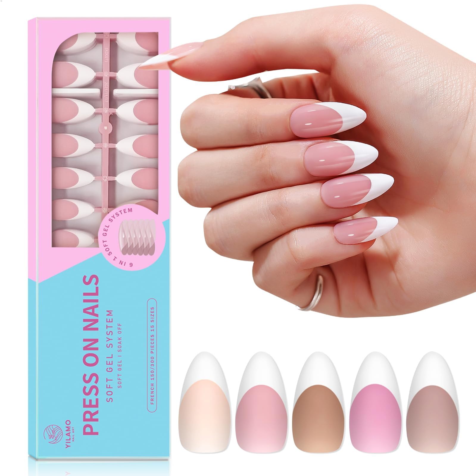 Amazon.com: Yilamo French Tip Press on Nails Gel Pink Medium Long Almond Square Shaped Nail Tips ...