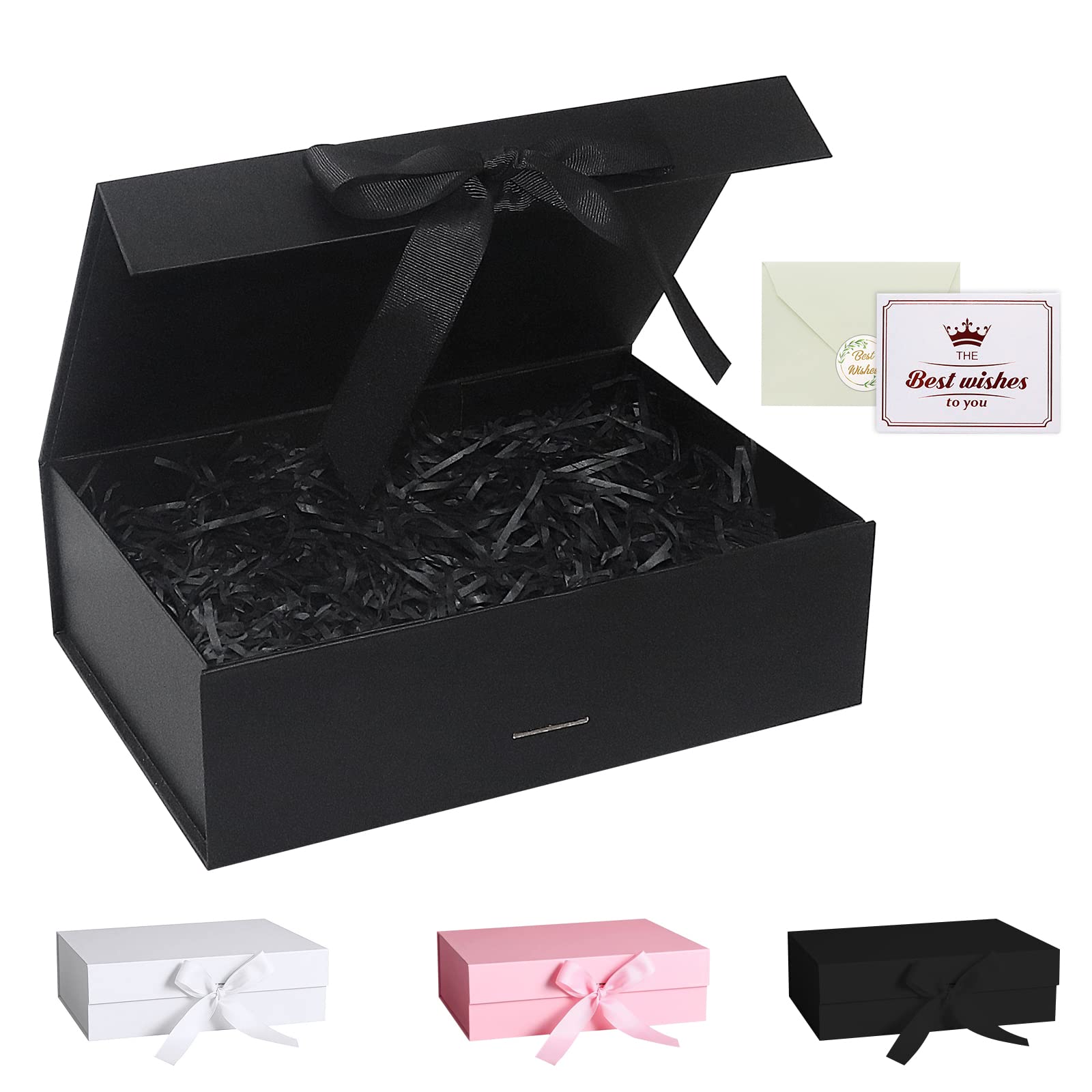 Black Gift Box, Luxury Magnetic Gift Box with Lid Ribbon Greeting Card ...