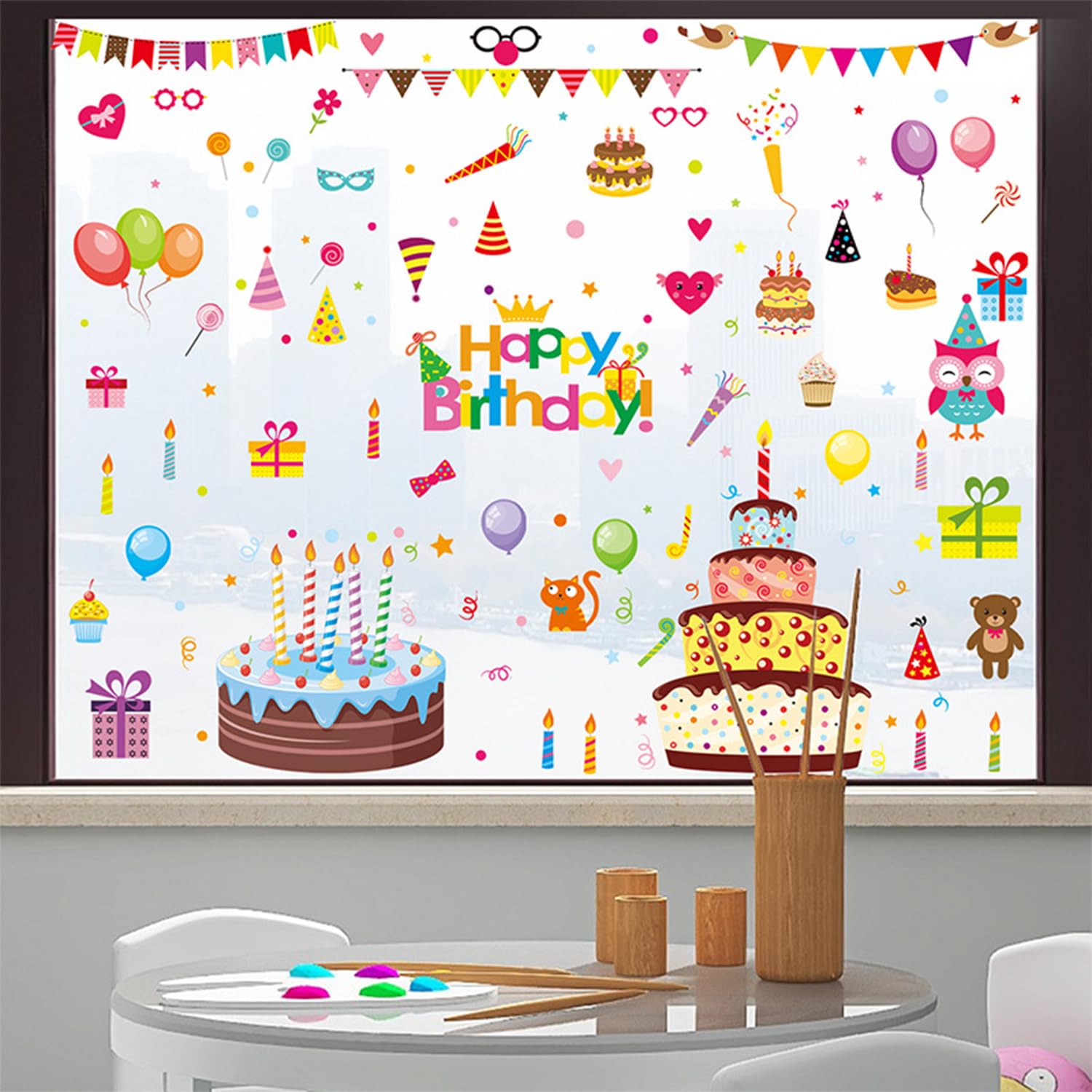 Amazon.com: 4 Sheets Happy Birthday Window Clings Birthday Cake Balloon ...