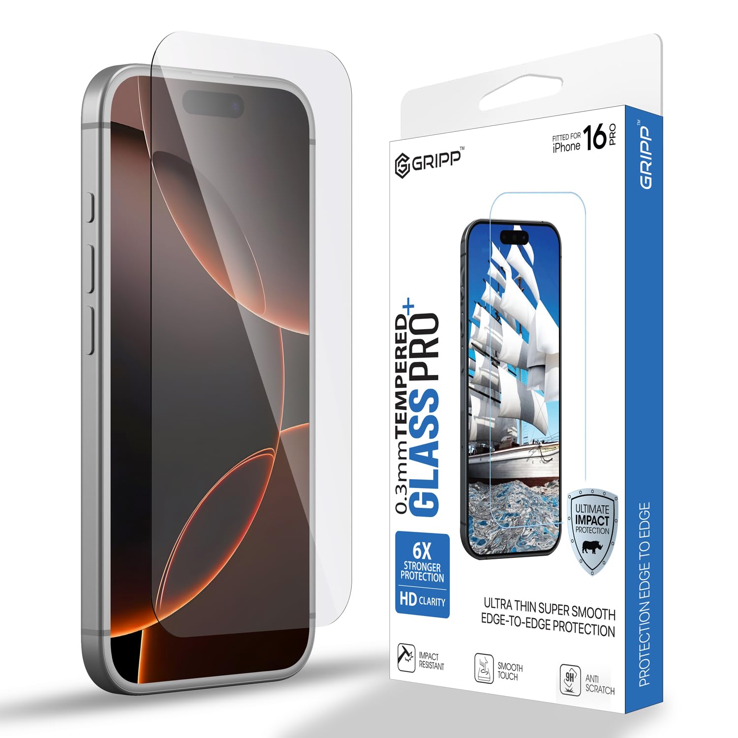 GRIPP 0.3mm HD Tempered Glass Screen Protector for iPhone 16 Pro (6.3 ...