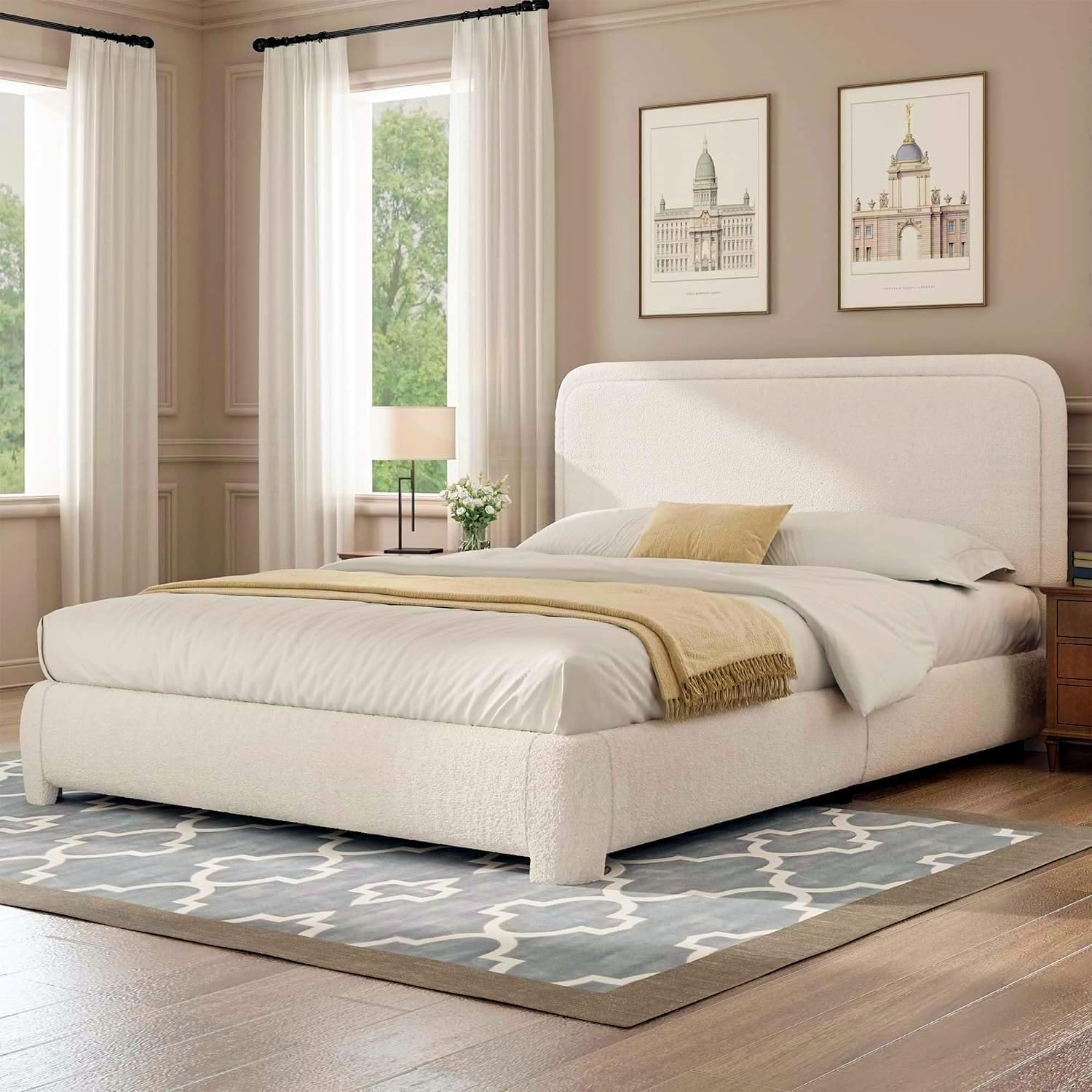 Amazon.com: Full Size Bed Frame with Headboard, Boucle Upholstered ...