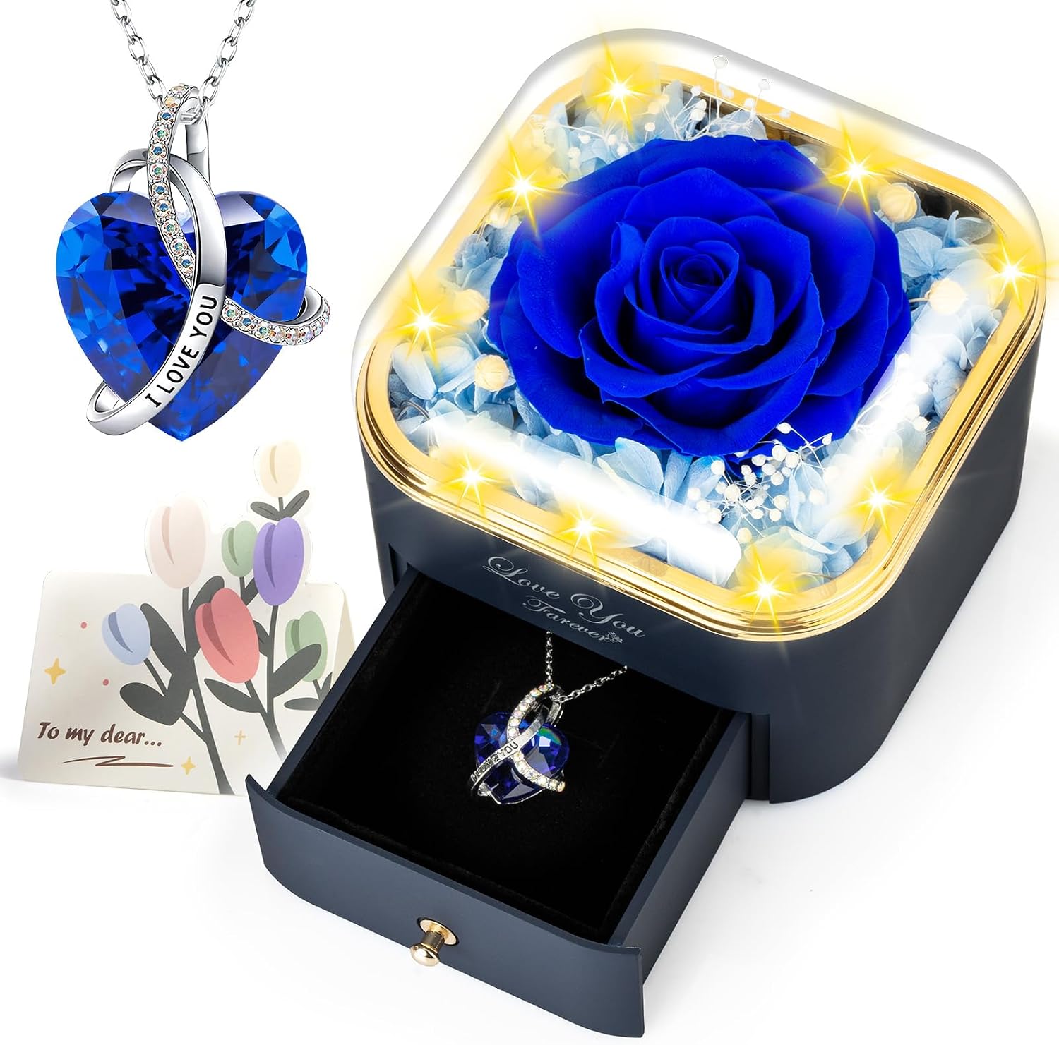 Amazon.com: ENERLEAF Preserved Blue Real Rose with Necklace Jewelry Box ...