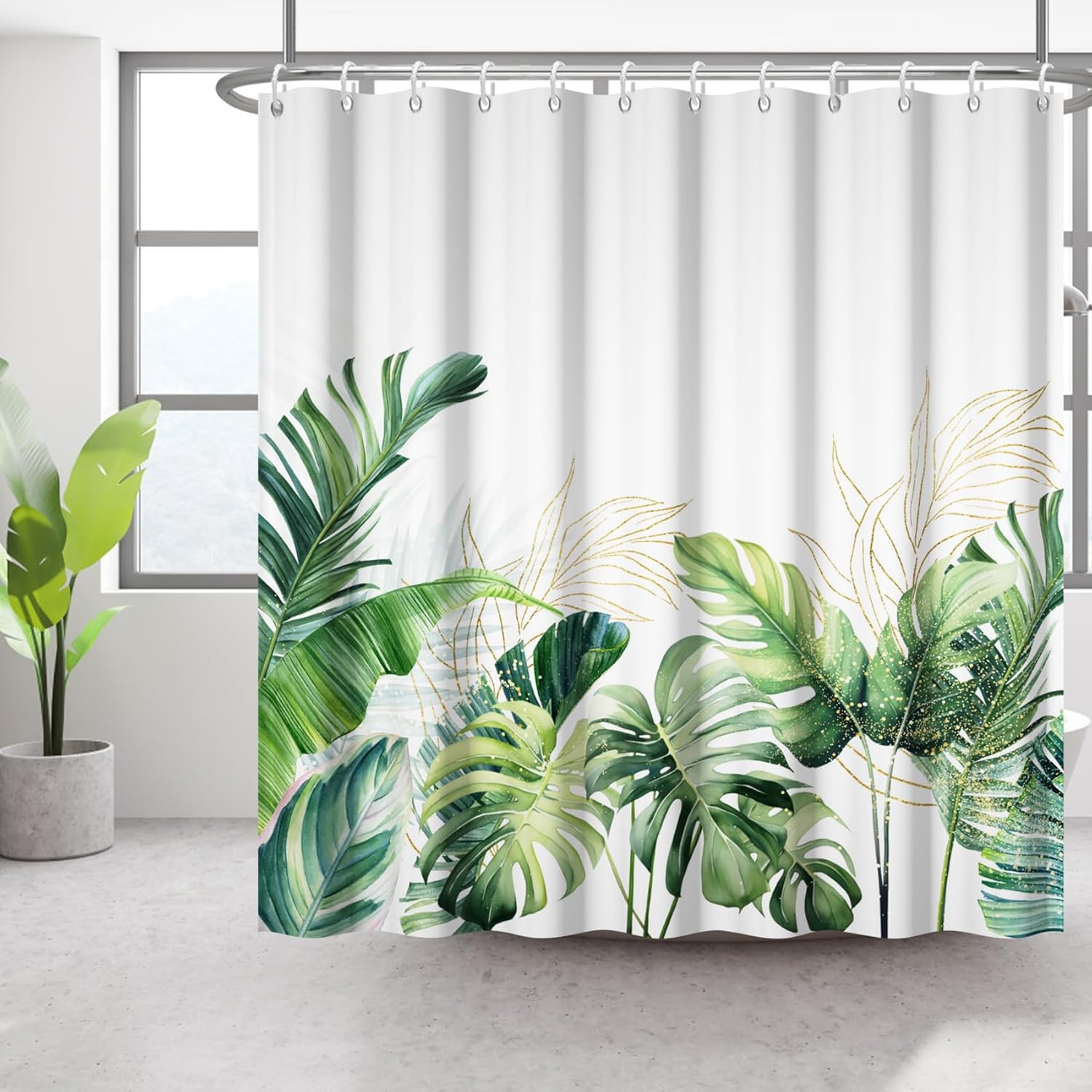 Bovlleetd Tropical Leaves Shower Curtain, Green Palm Leaves with Golden ...