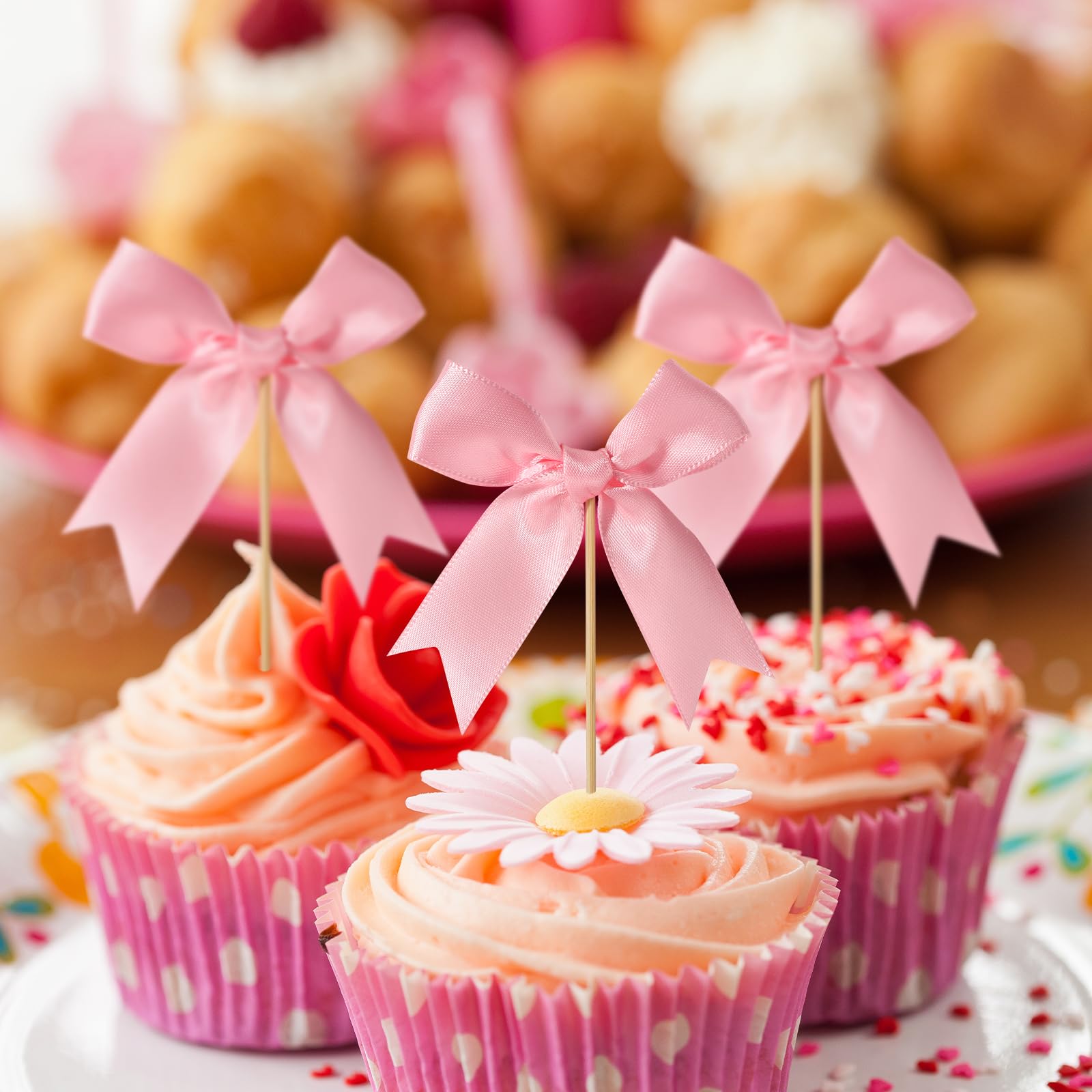Snapklik.com : 12pcs Pink Bow Cupcake Toppers, Bowknot Cupcake Toppers ...