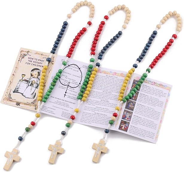 Amazon.com: Luomu 3 sets of Multicolor Wood Beads Rosary Saint Prayer ...