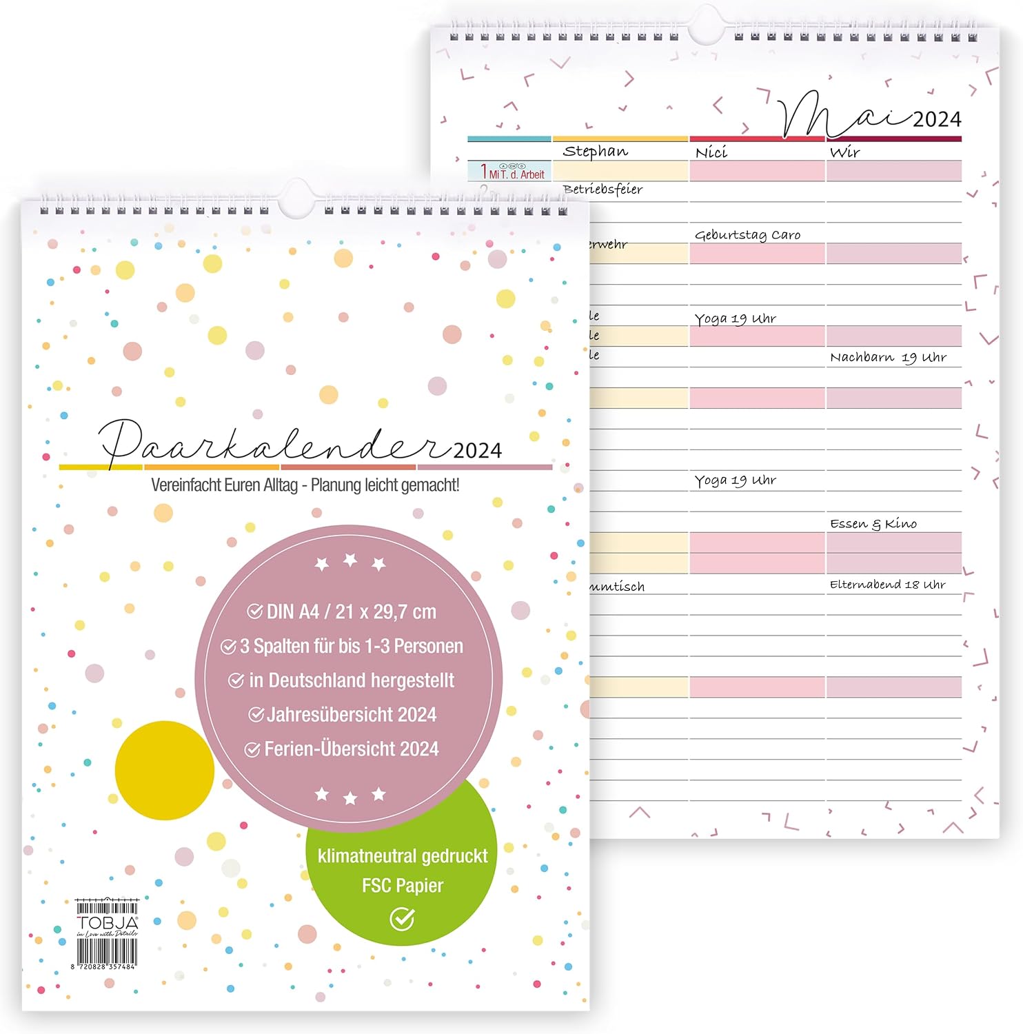 TOBJA Paarkalender 2024 - DIN A4 Hochformat mit Ringbindung zum ...