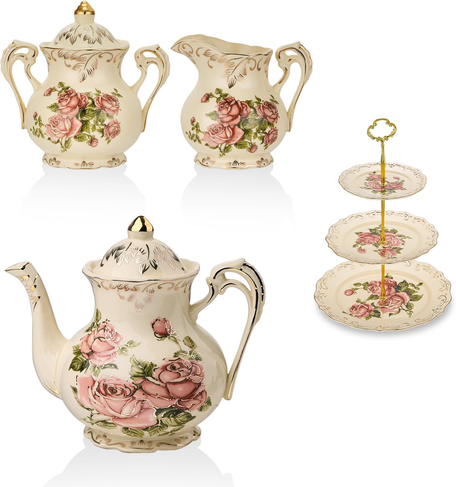 Amazon.com | YOLIFE Floral Teapots & 3 Tiered CupCake Stand & Sugar and ...