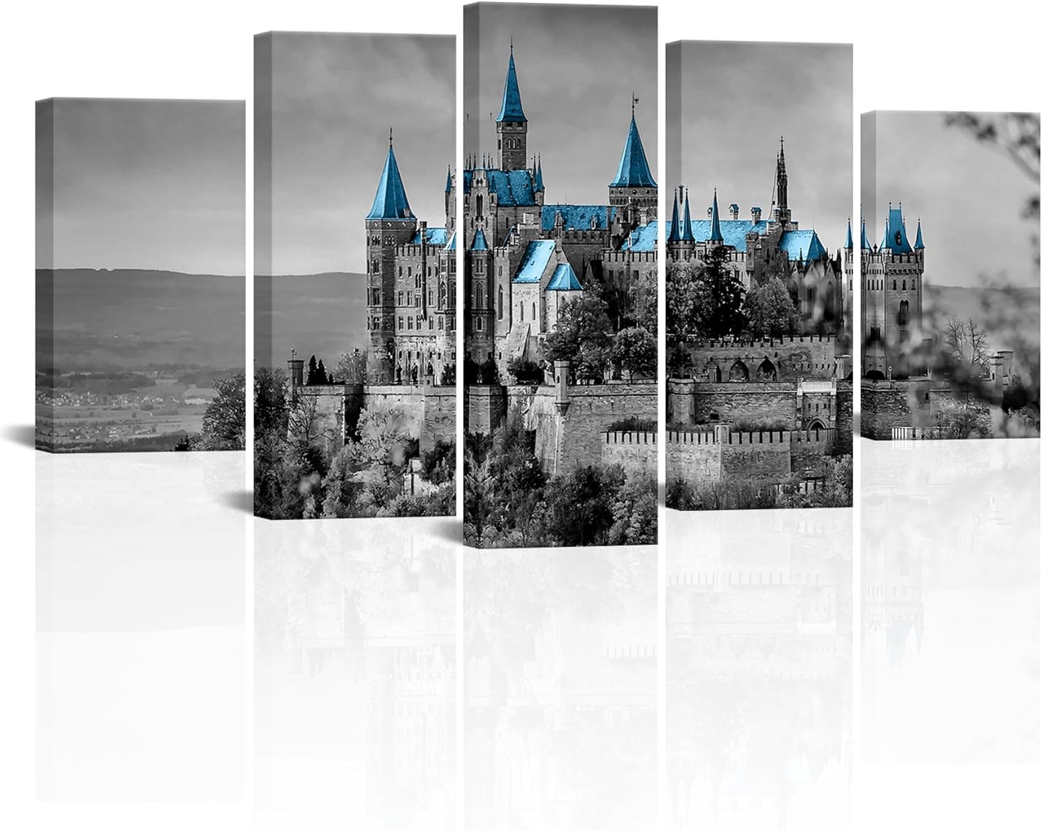 Amazon.com: 5 Panel Castle Canvas Wall Art, Black and White Castle Blue ...
