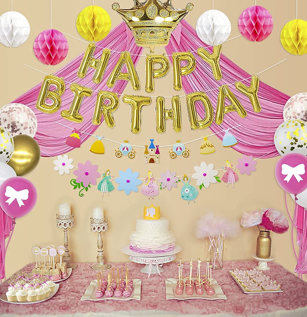 Buy Princess Party Supplies, Tulle Backdrop, Gold Happy Birthday ...