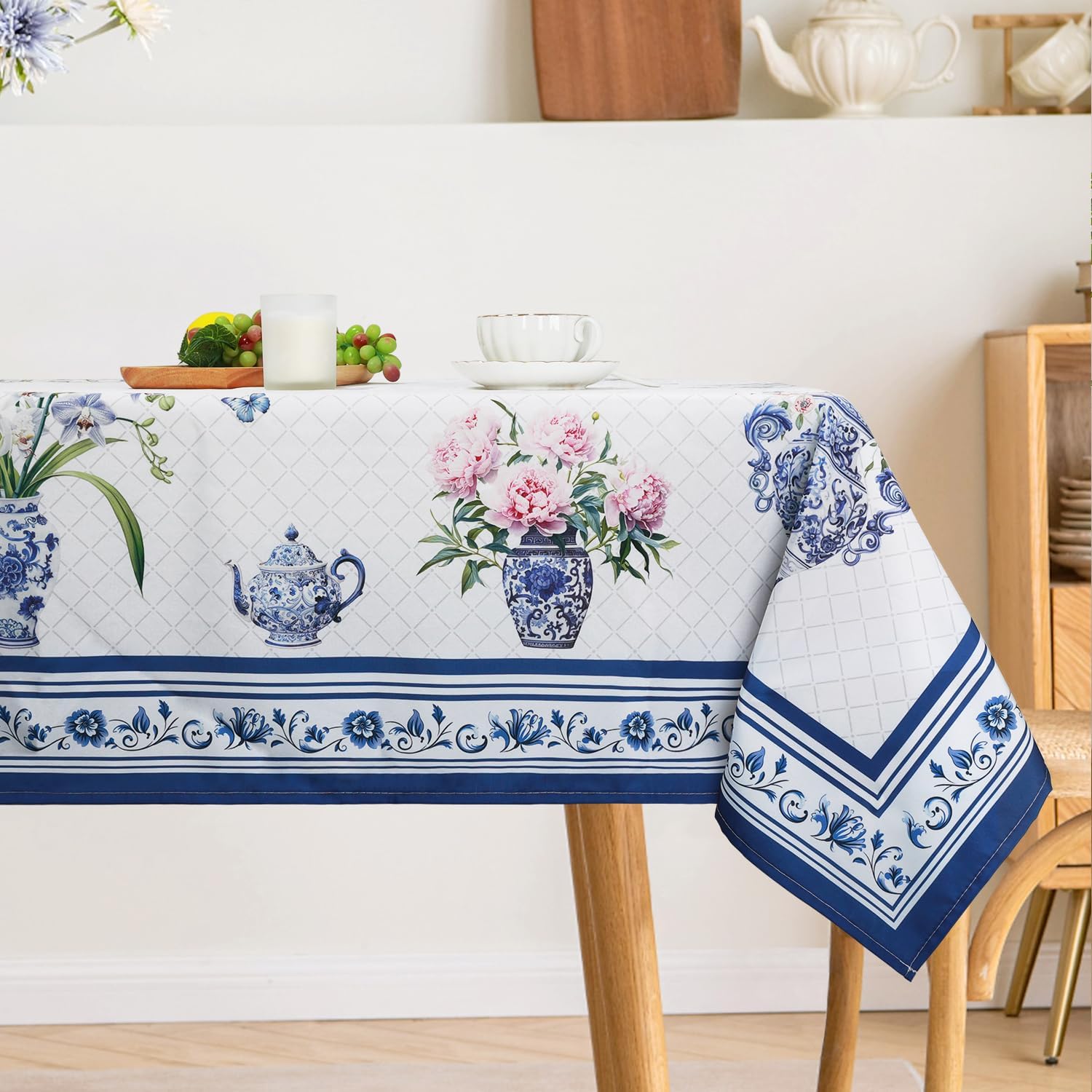 Amazon.com: Arquiel Summer Flowers Tablecloth Waterproof, Blue Floral Vase Bordered Rectangle ...