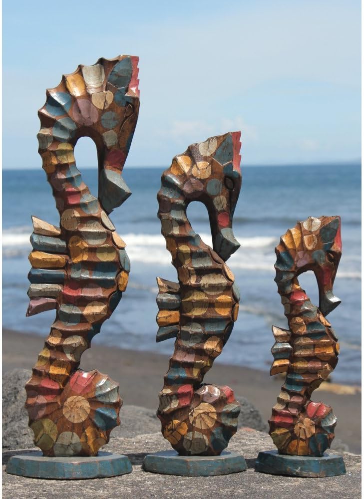 Amazon.com: Fairtrade Set of 3 Wooden Funky Nautical Seahorse Statues ...