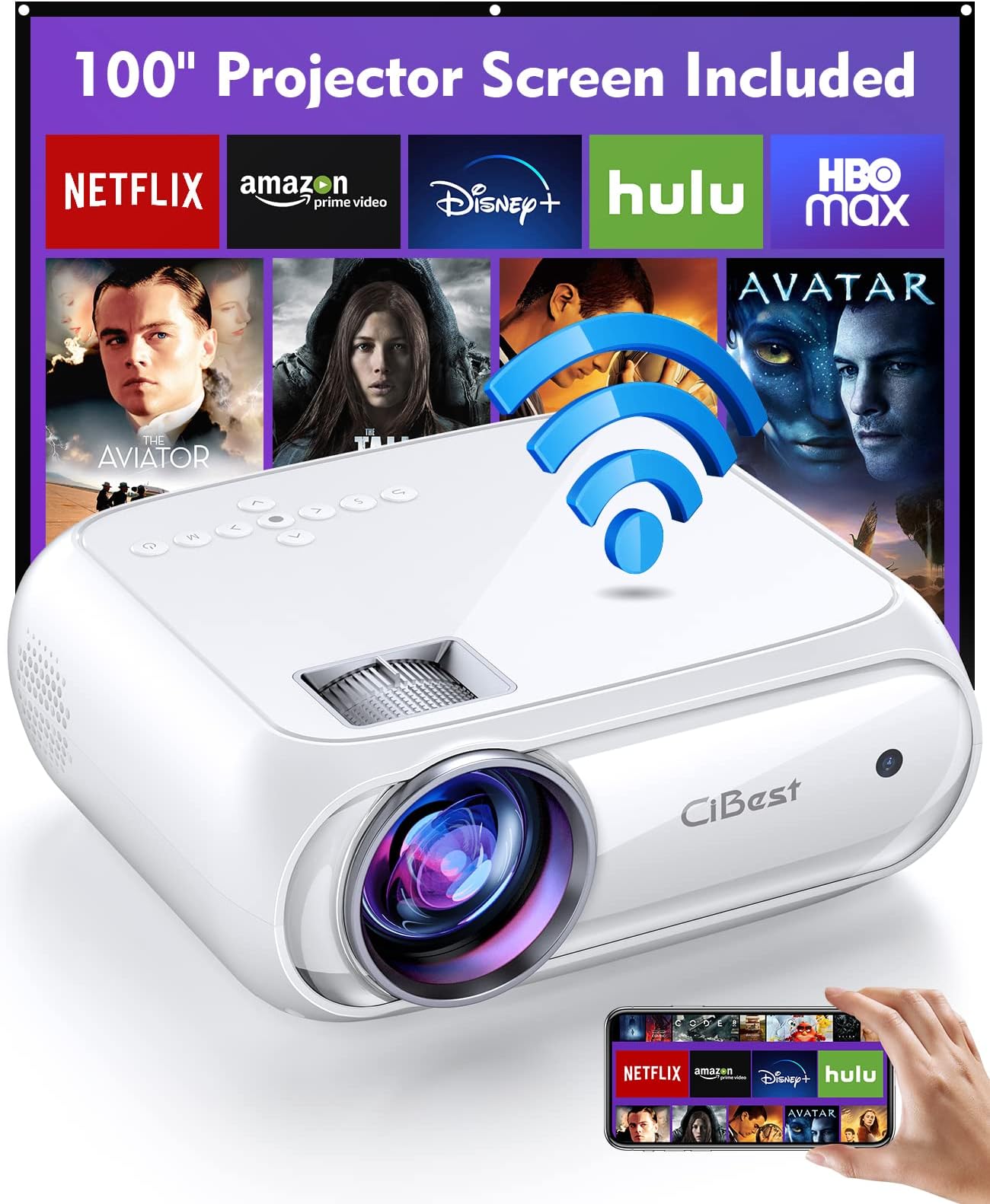 Projector, Cibest WiFi Mini Projector Full HD 1080P, 13000 Lux Portable ...