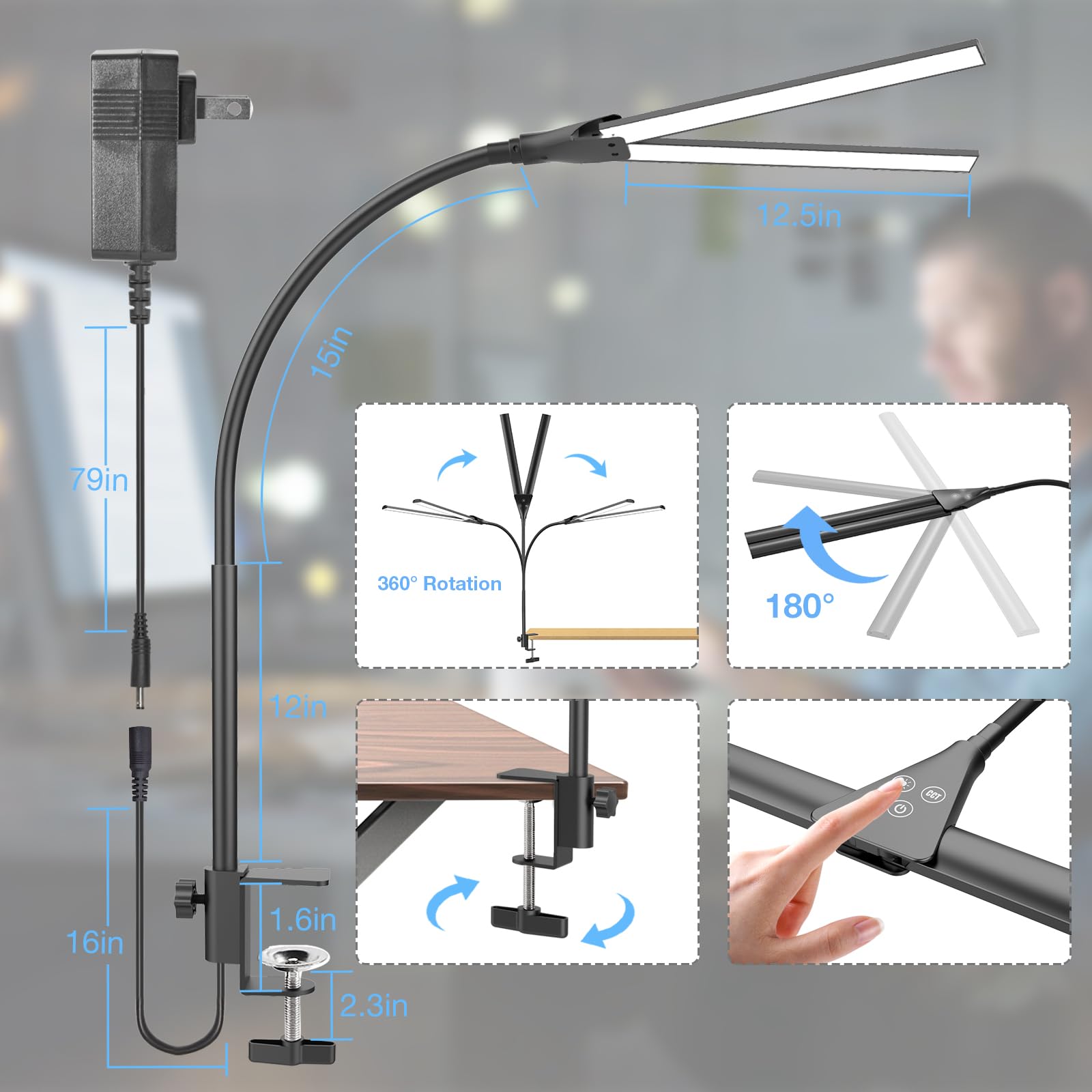 Hensam LED Desk Lamp for Home Office,Bright Double Head Desk Lamp with ...