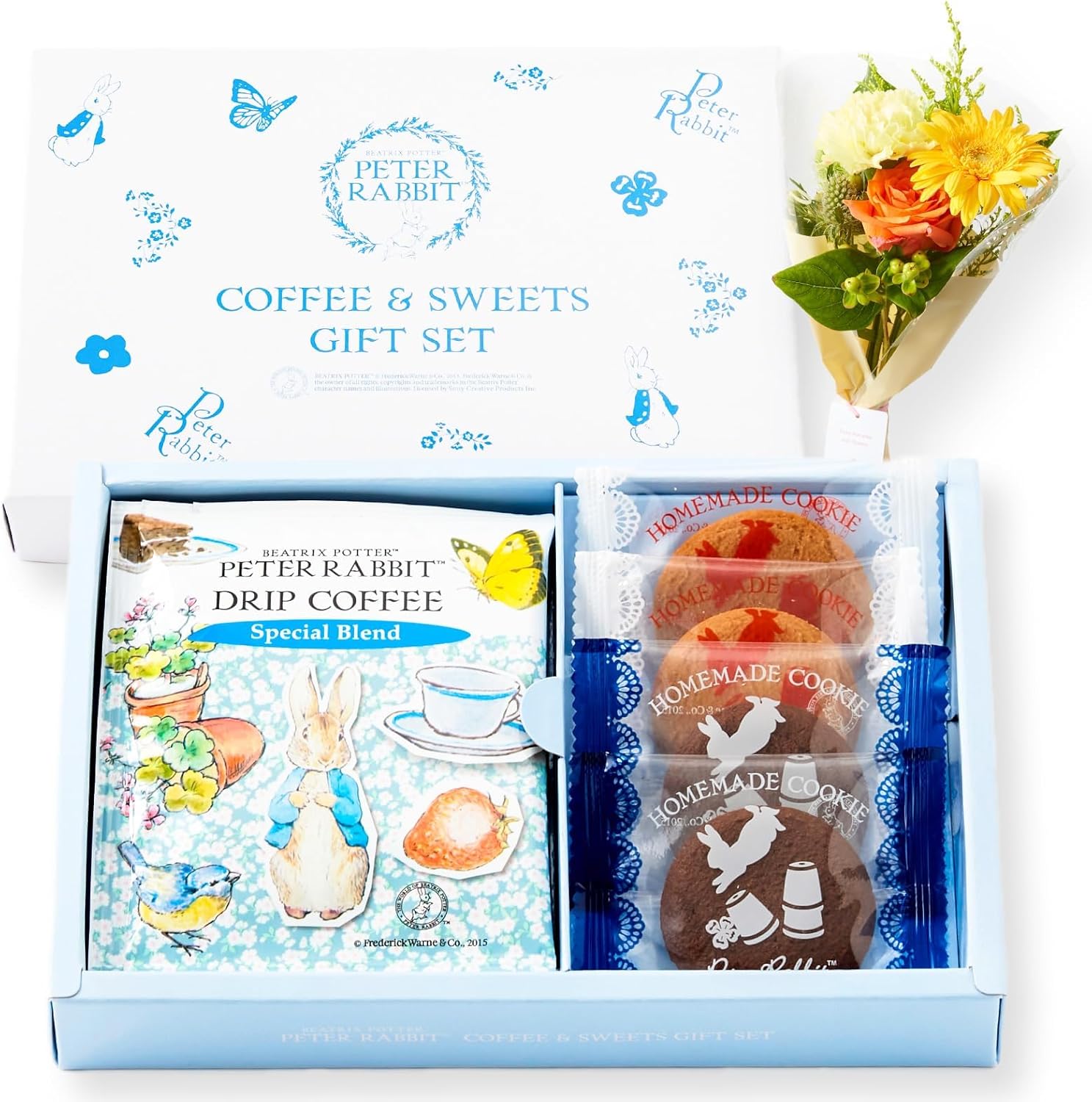 Amazon｜bloomee(ブルーミー) ピーターラビット コーヒー クッキー ＆ 季節のお花 8本 ミニ ブーケ セット ( お菓子 コーヒー クッキー クリスマス 生花 花 ) ギフト ...