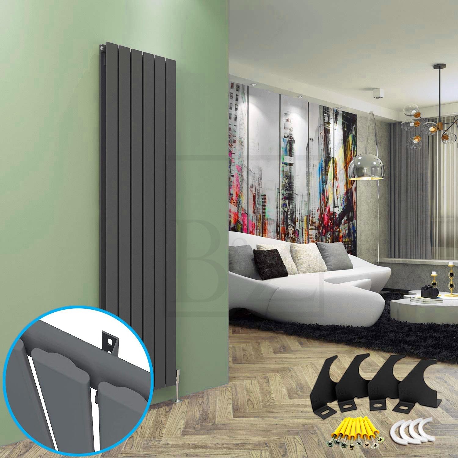 Designer Vertical Column Single Arm Universal Radiator Wall Mount Brackets (75mm, Anthracite ...