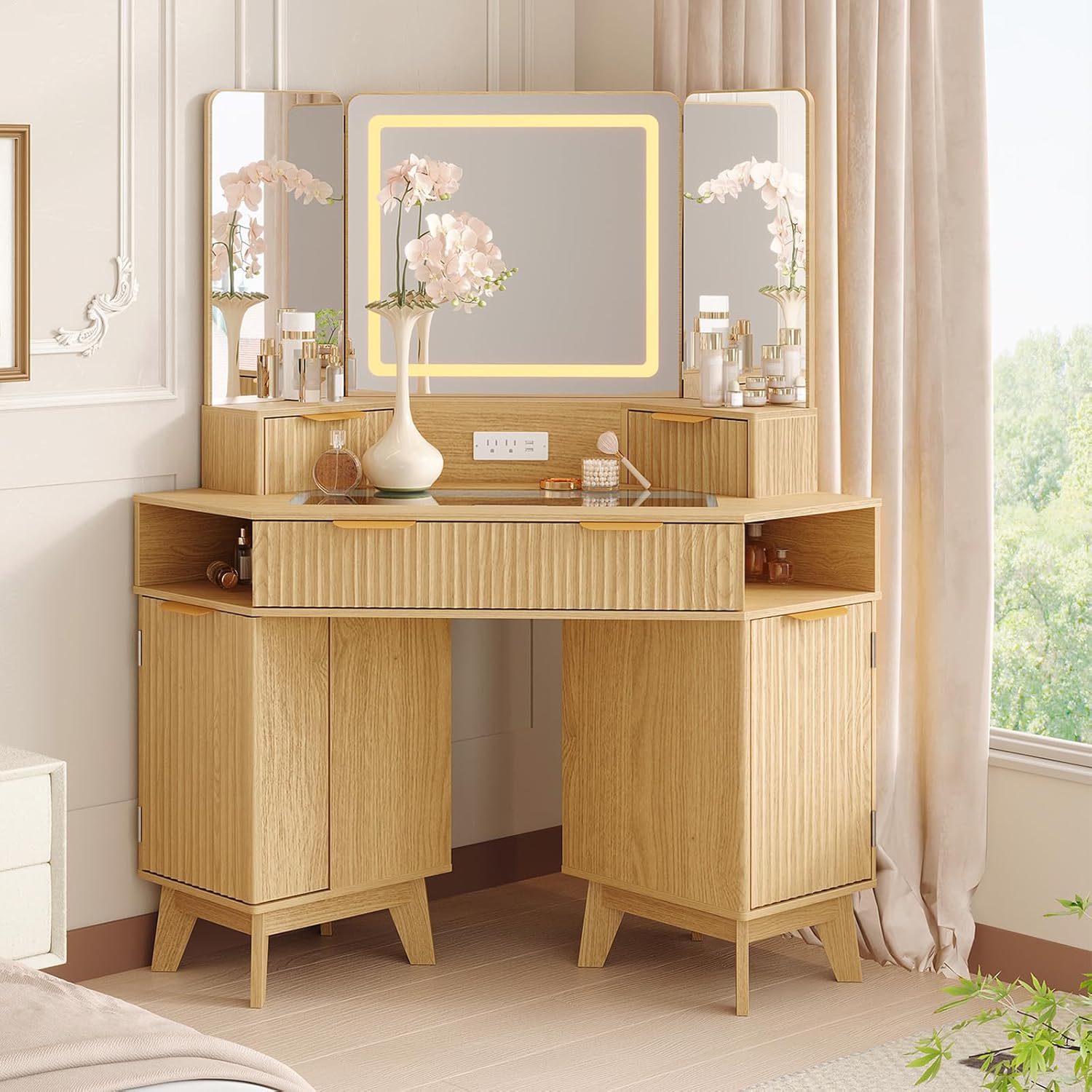 Amazon.com: SLEKVERSA 48'' Large Corner Vanity Desk, Modern Fluted ...