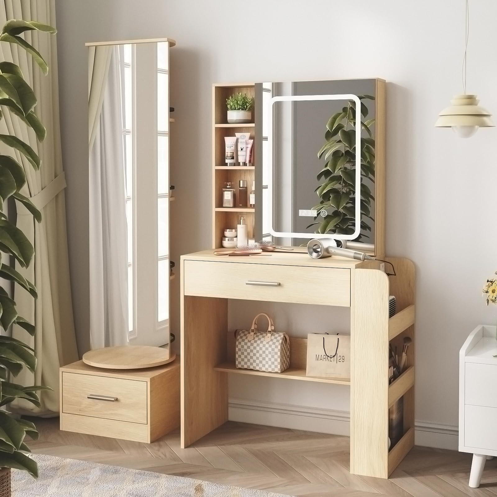Natural Vanity Desk With Full Length Mirror And Lights Mirror | Desertcart INDIA