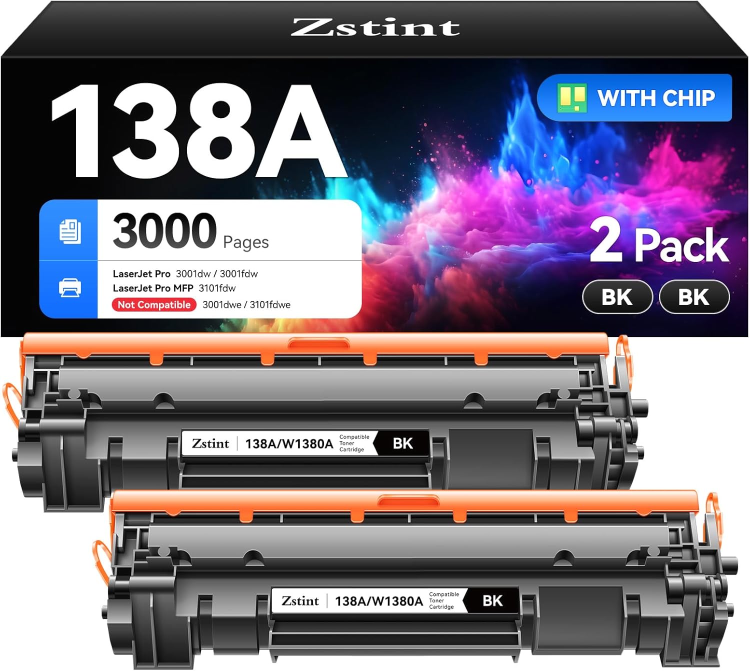 138A W1380A Black Toner Cartridge Set 2-Pack High Yield with Chip ...