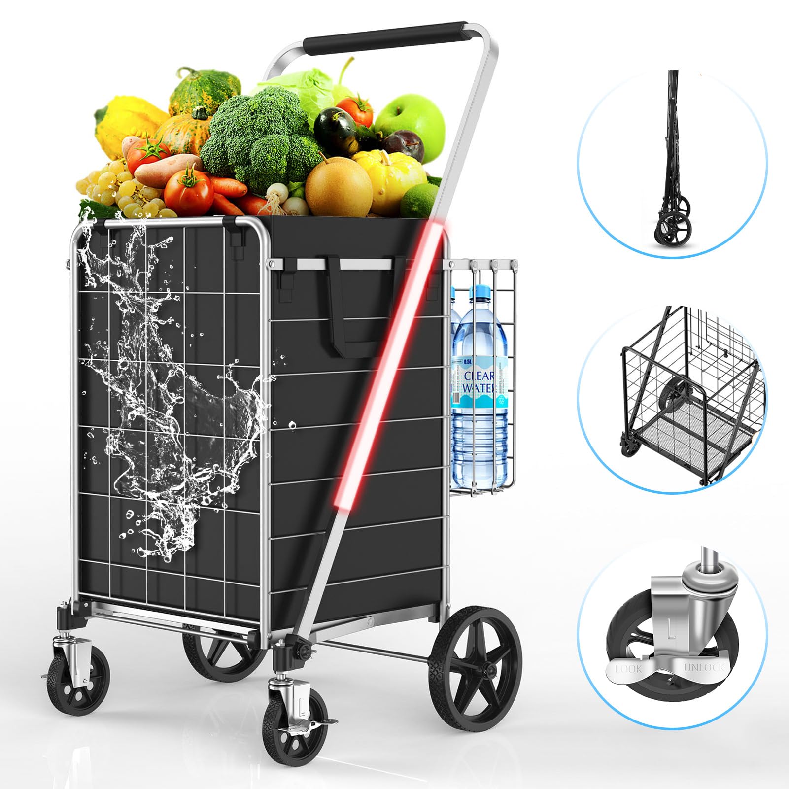 Amazon.com: XING LANG Folding Shopping Cart with 360° Rolling Swivel ...