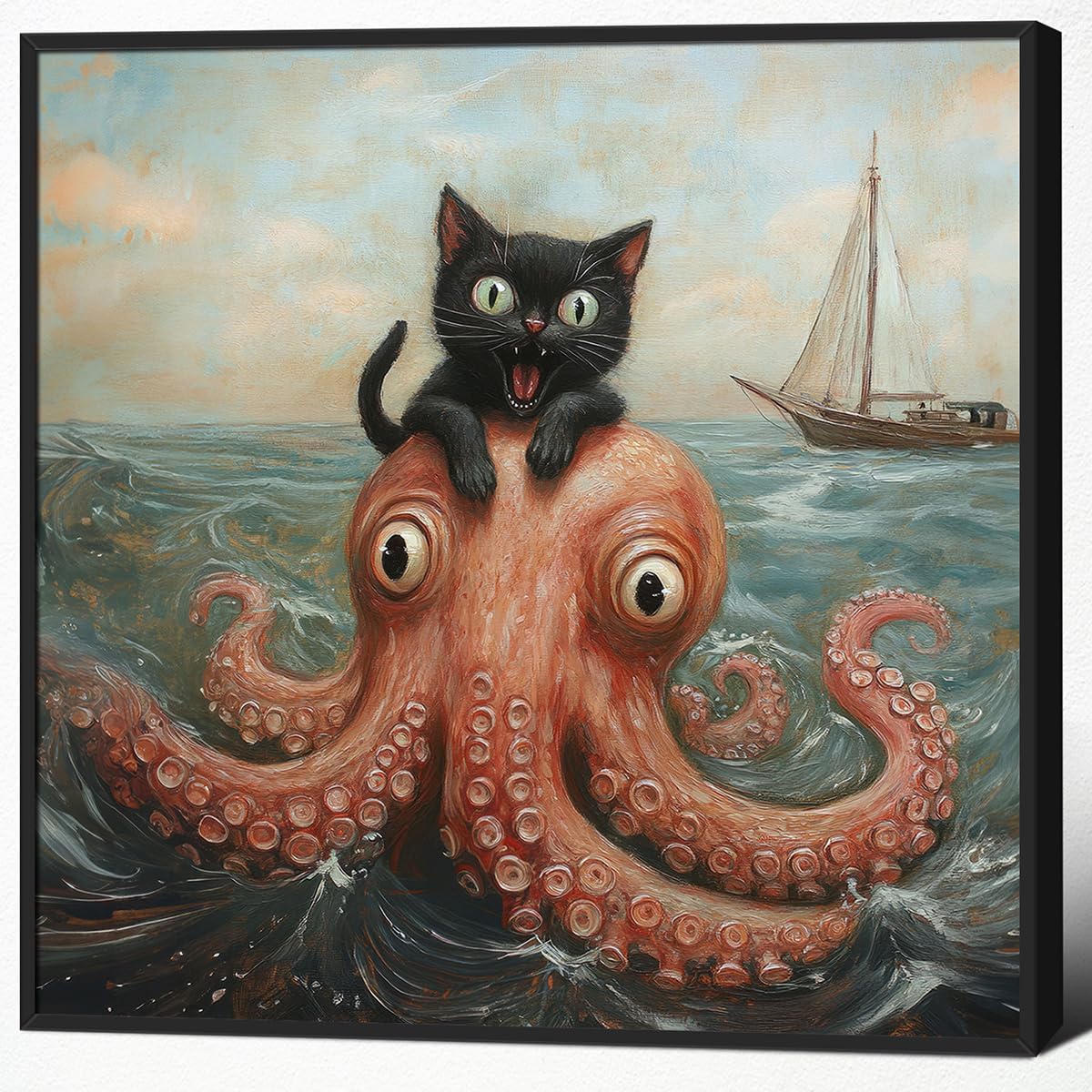 Amazon.com: Cute Black Cat Poster, Funny Black Cat Vs. Octopus In ...