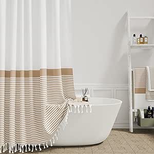 Amazon.com: Dynamene Beige Fabric Shower Curtain, Farmhouse Boho Striped Tassel Shower Curtains ...