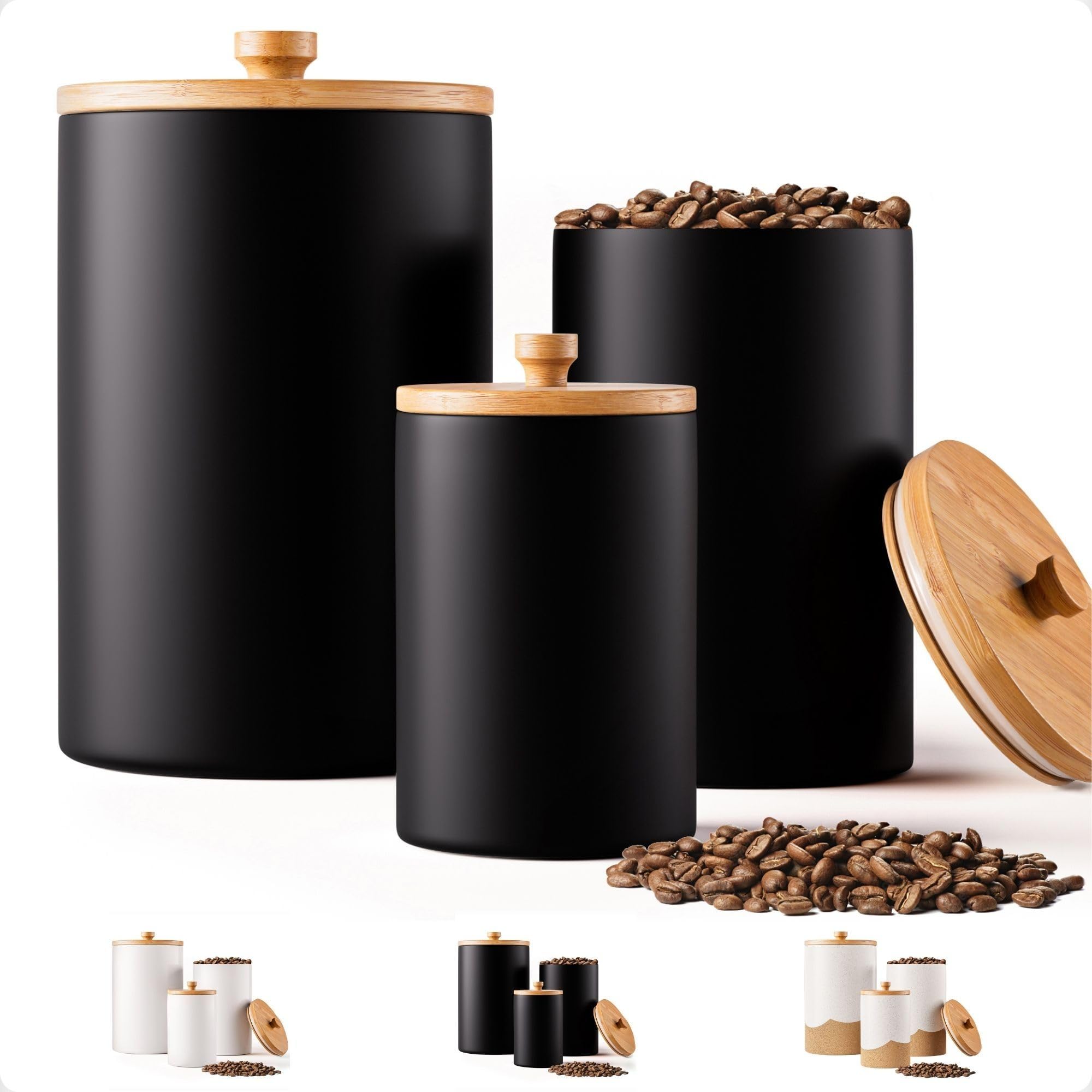 Amazon.com: Ceramic Kitchen Canisters Set of 3 with Airtight Bamboo ...