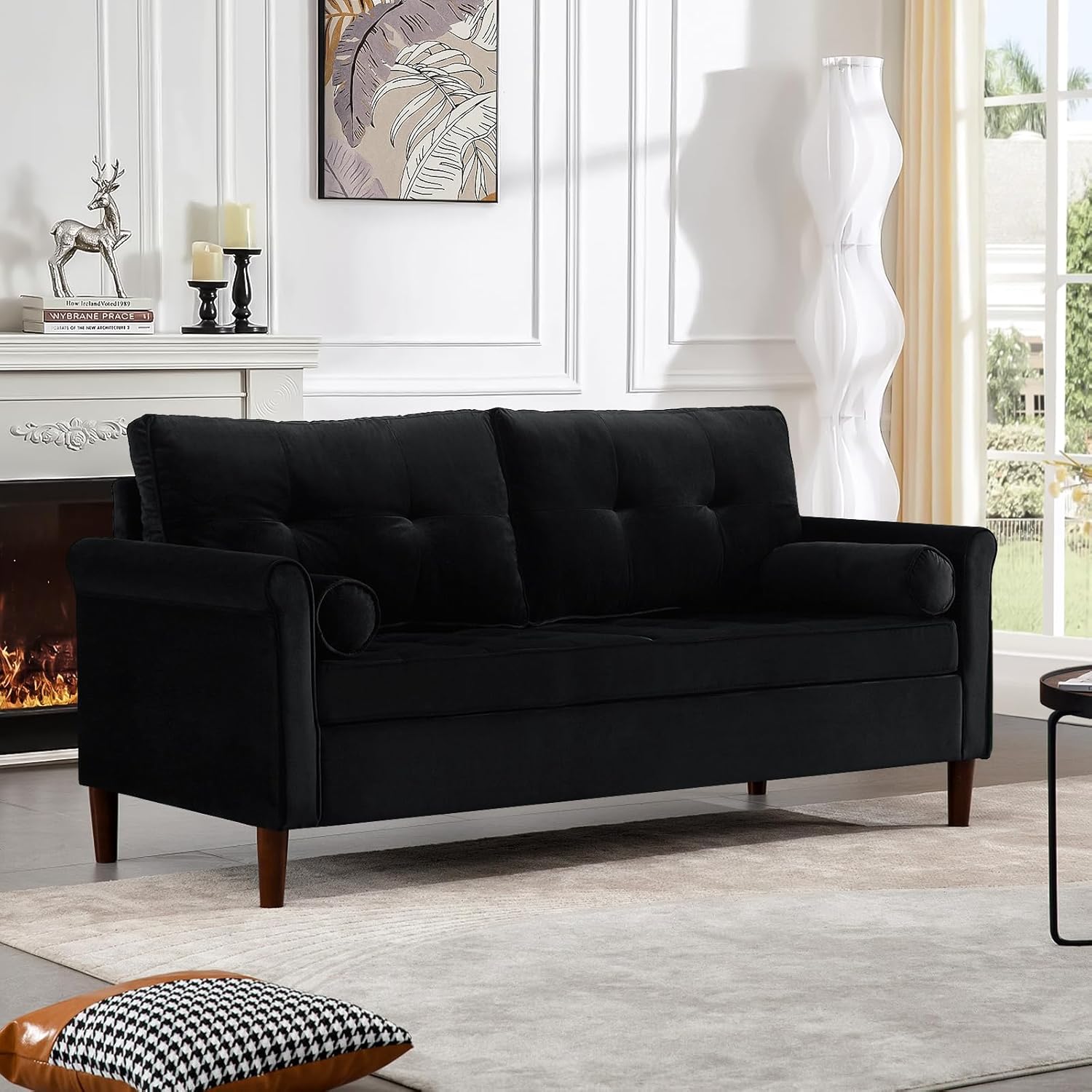 Amazon.com: Black Loveseat Sofa, Mid-Century Modern Velvet Small Couch ...